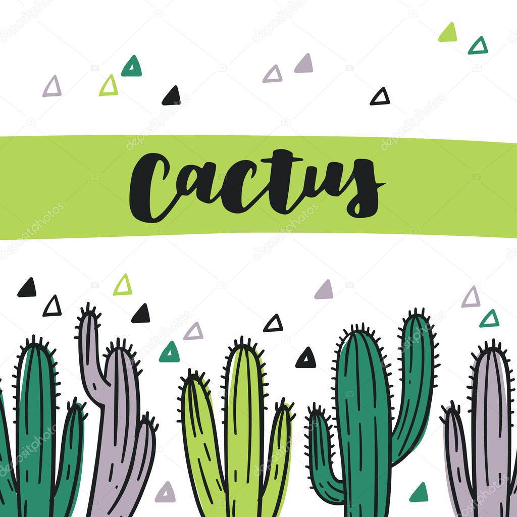 Bonita carta dibujada a mano con cactus y letras Cactus. Ilustración ...