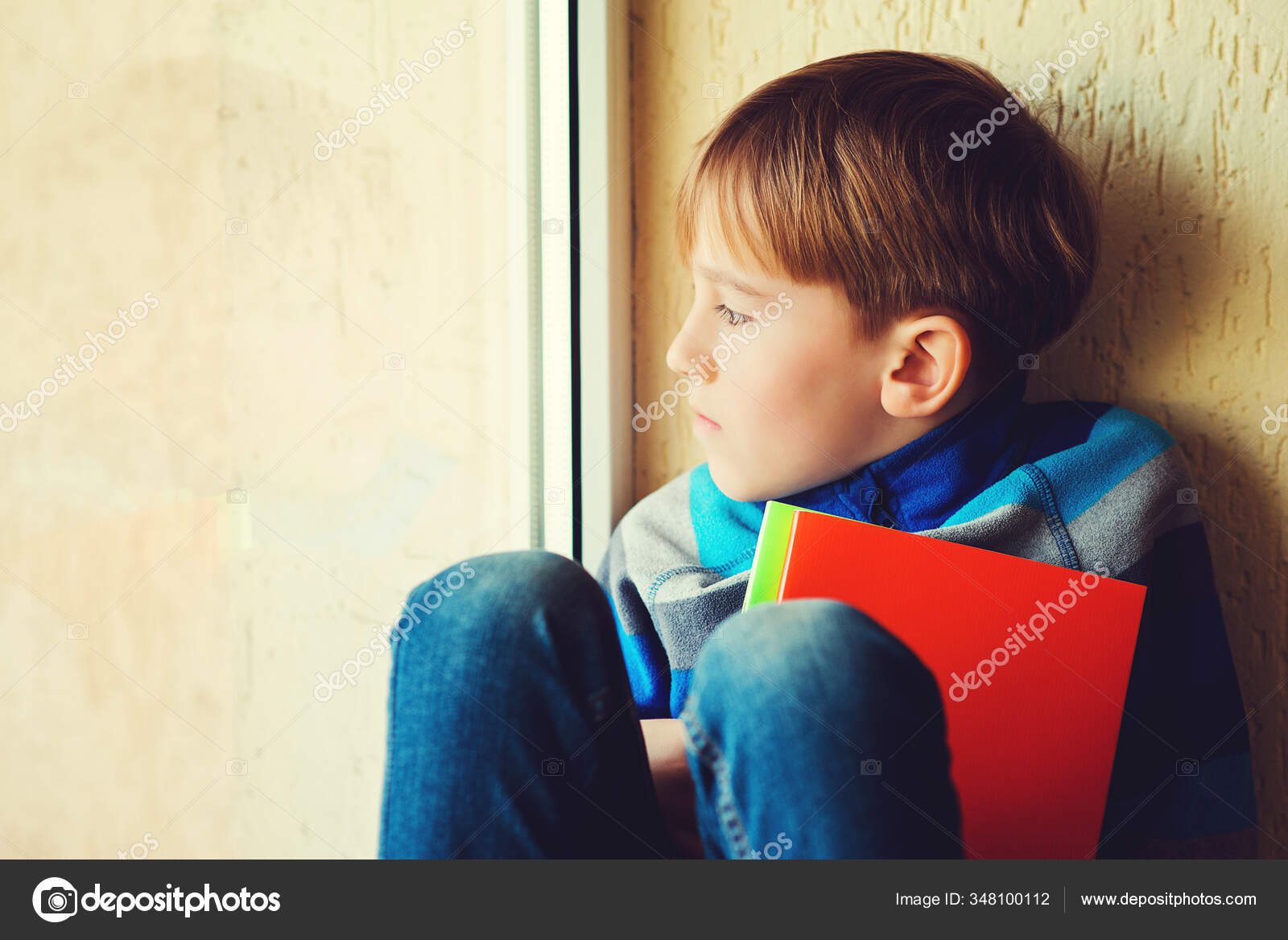 Sad Boy Sitting Window Shield Kid Looking Out Window Sad — Stock Photo ...
