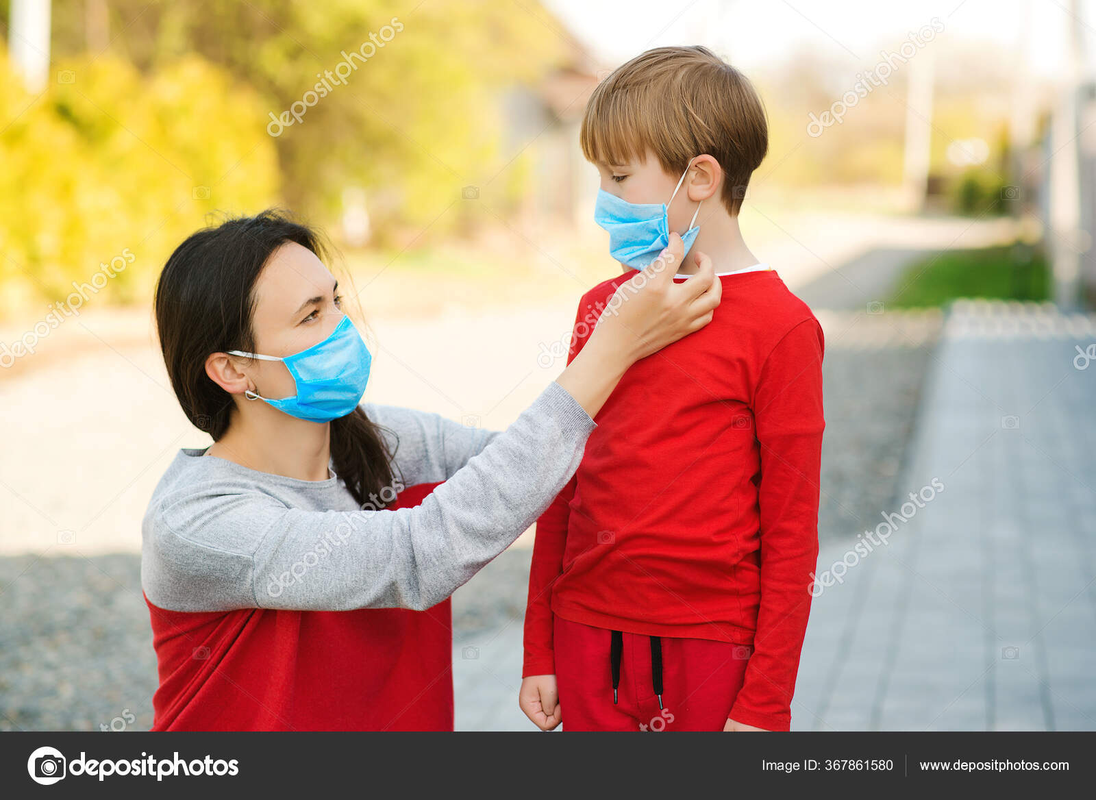 Mother Puts Her Son Face Protective Mask Outdoors Stop Coronavirus ...