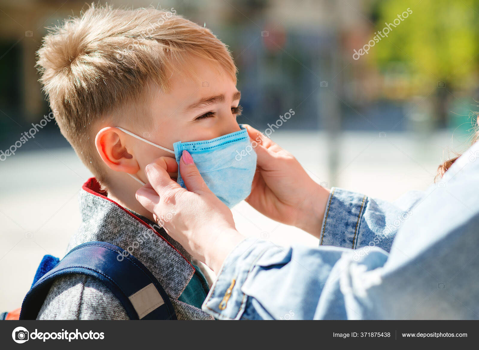 Mother Puts Safety Mask Her Son's Face Schoolboy Ready School Stock ...