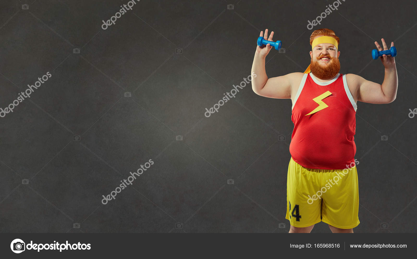 A funny fat man smiles in sports clothes with small dumbbells. Stock ...