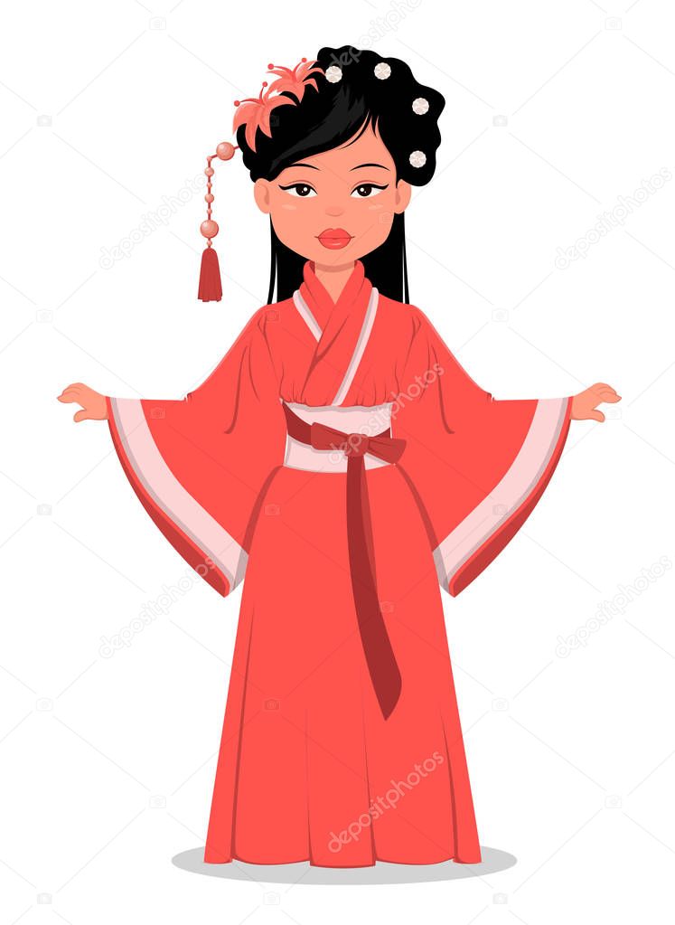 Personaje de niña china en ropa tradicional hermosa y con flores en el ...