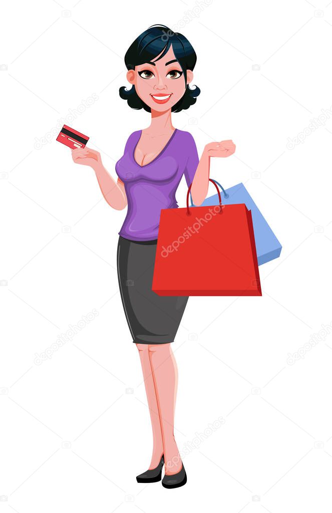 Joven mujer de negocios hermosa va de compras. Lindo personaje de ...