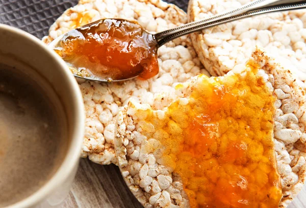 Healthy rice cake with bio jam close up - Stock Image - Everypixel