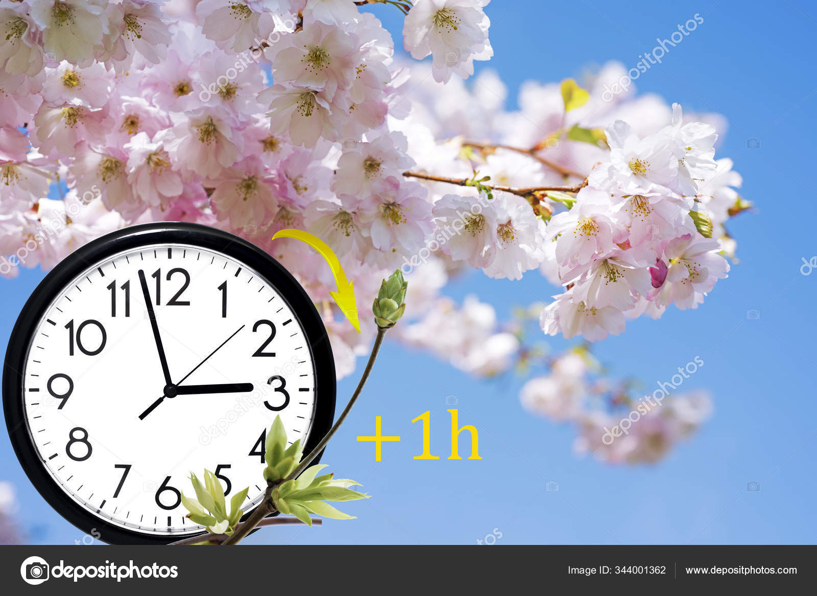 Daylight Saving Time (DST). Blue sky with white clouds and clock. Turn ...
