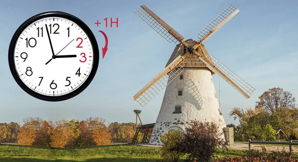 Daylight Saving Time (DST). Blue sky with white clouds and clock. Turn ...