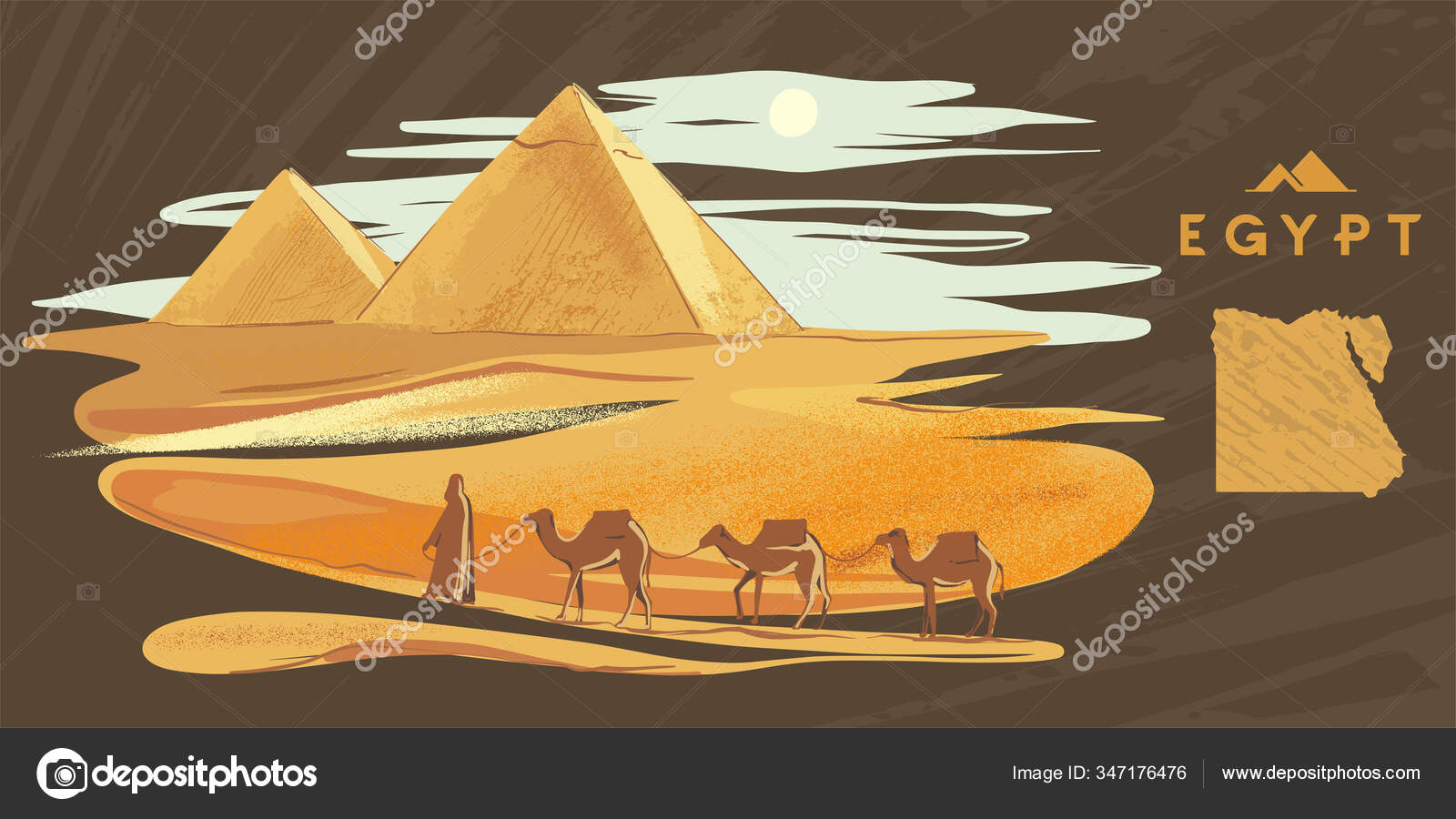 Barevné ručně kreslené vektorové ilustrace pyramidy v Gíze, Sfinze ...