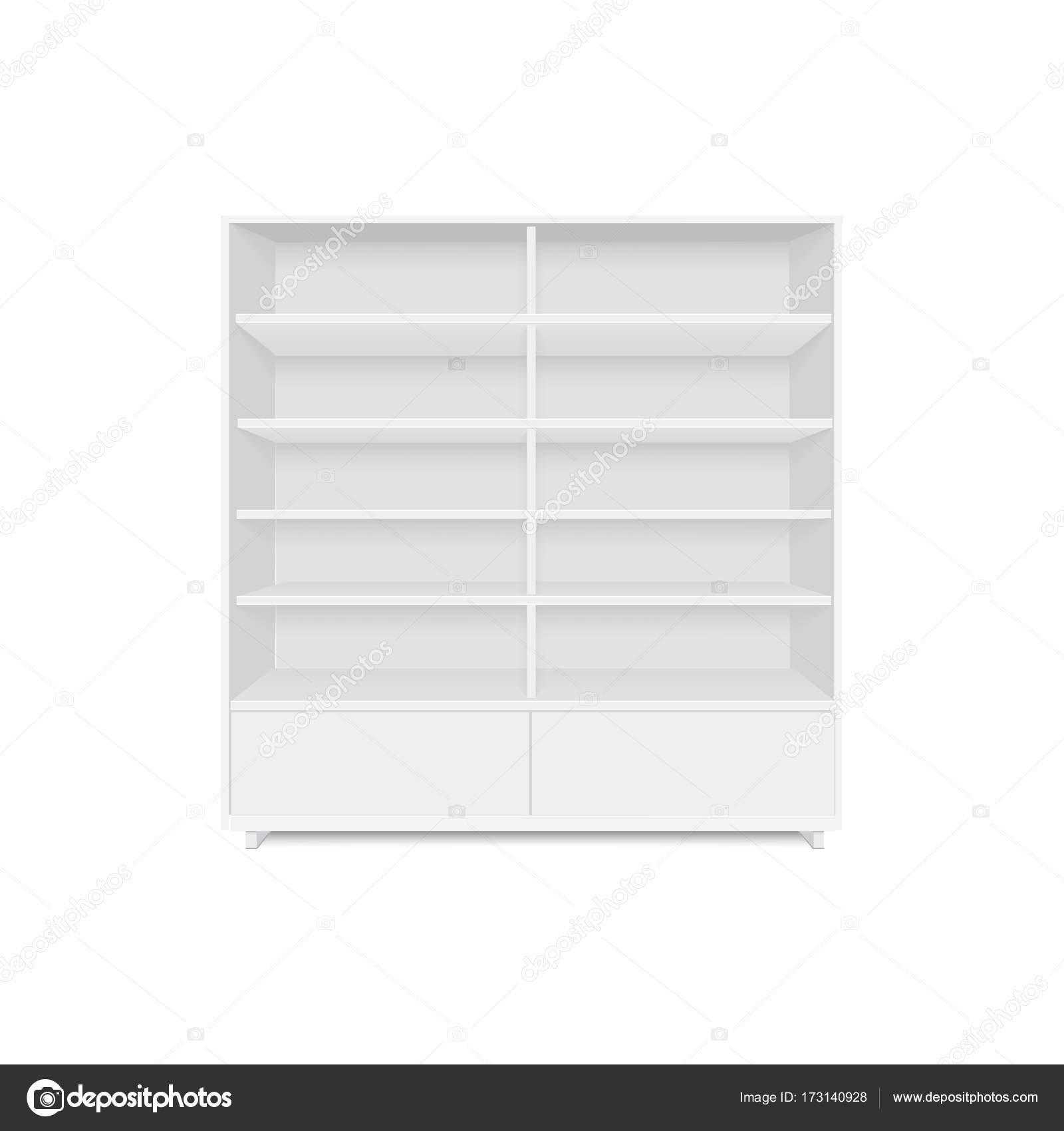 Blank empty showcase display with retail shelves. Front view. Vector ...