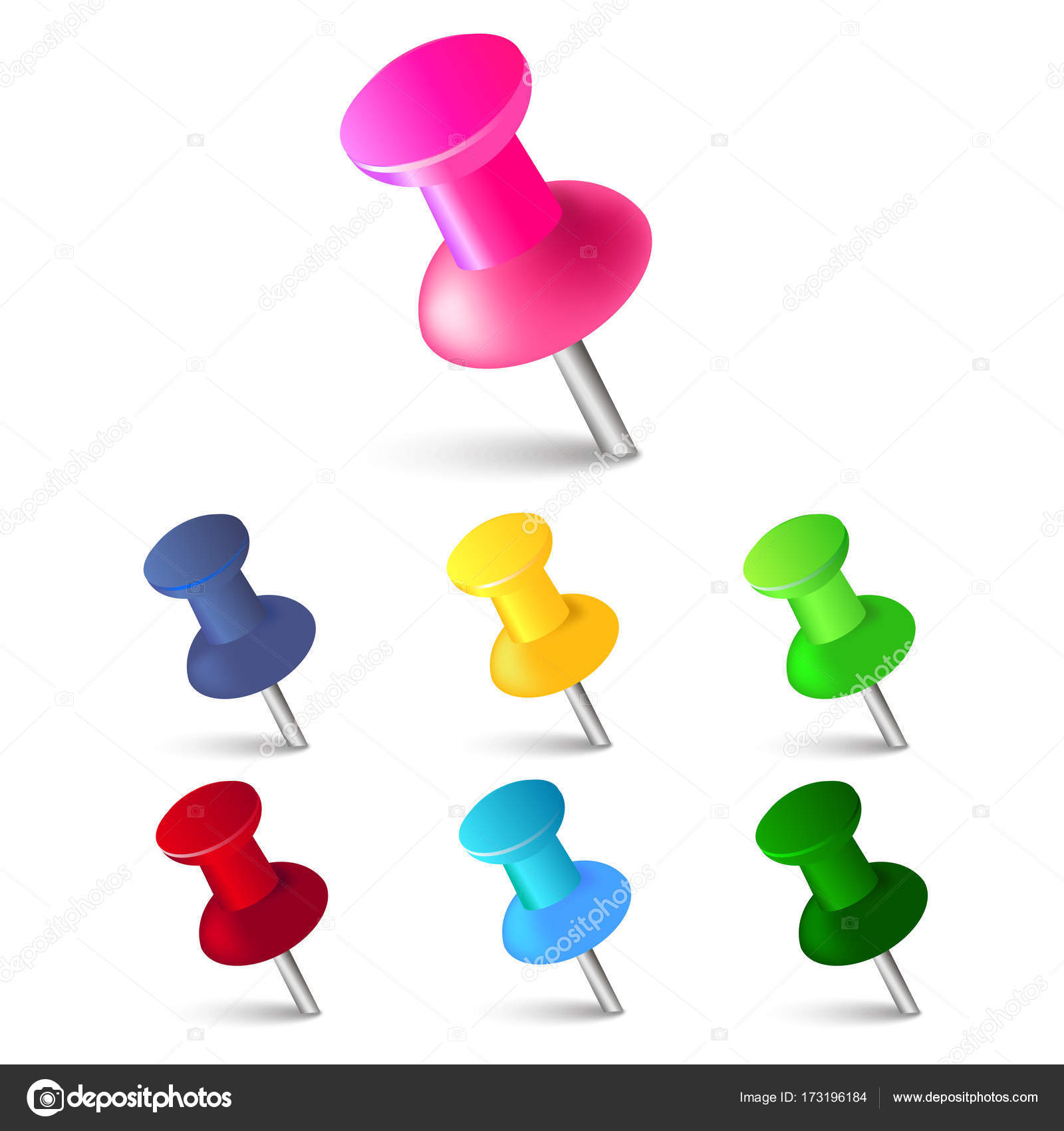 Set de alfileres de empuje en diferentes colores. Tachuelas. Vista ...