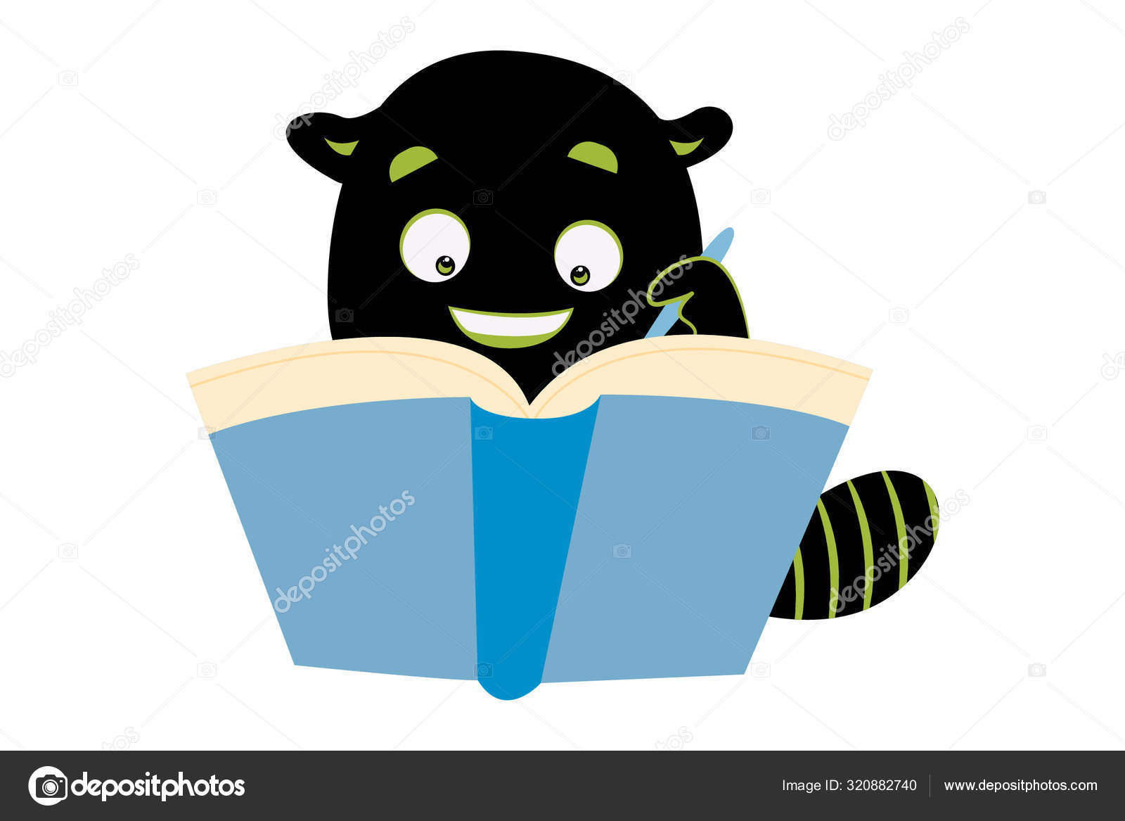 Vector Cartoon Illustration Cute Monster Writing Book Isolated White ...