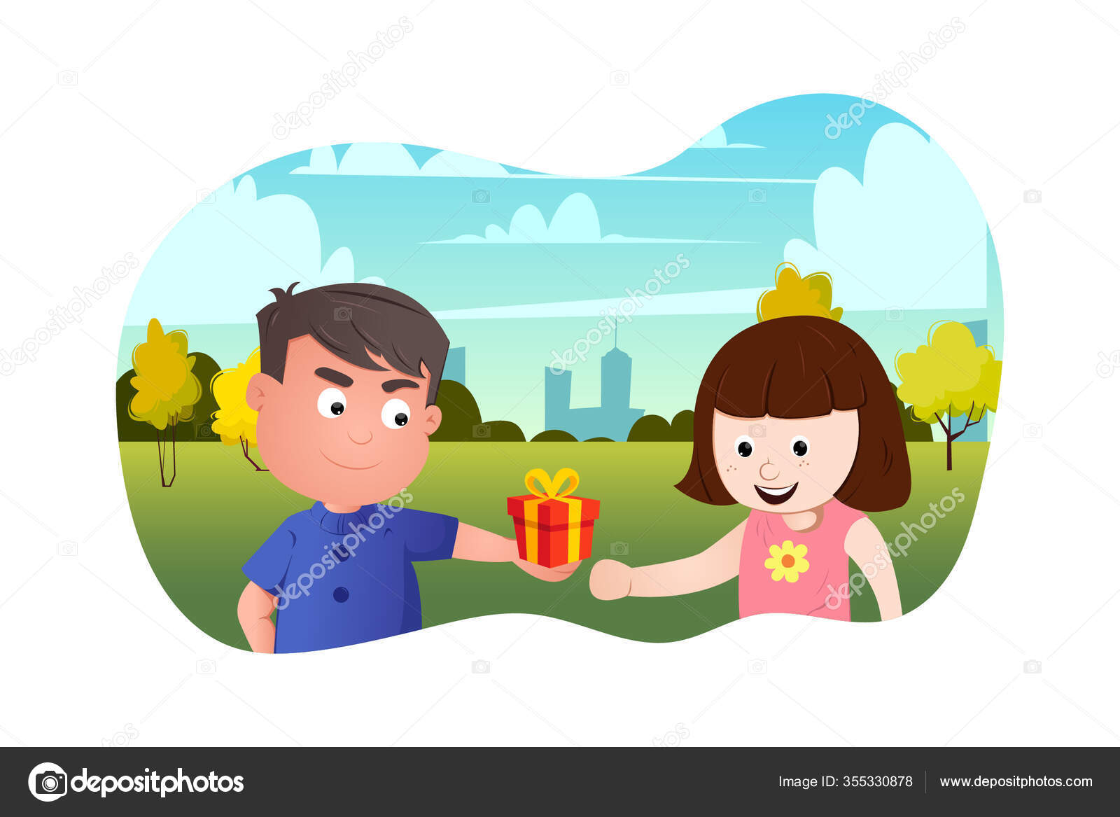 Dibujos Animados Vectoriales Ilustración Niño Dando Regalo Una Niña ...