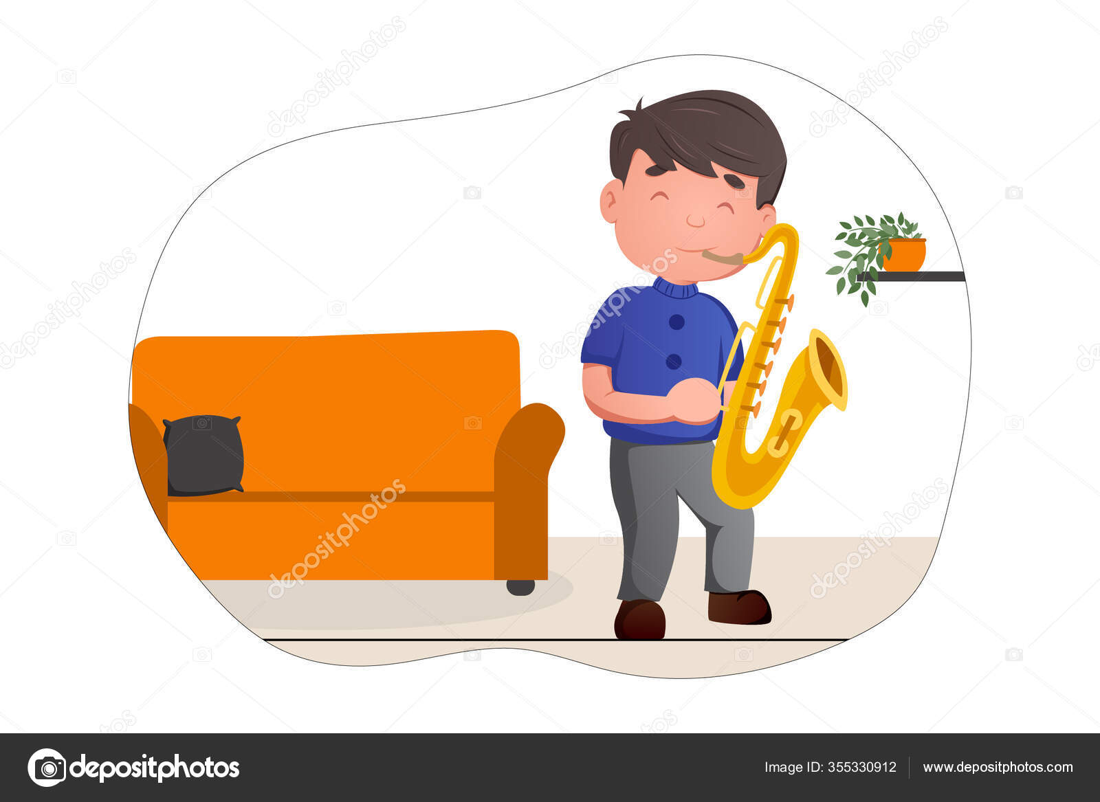 Vector Cartoon Illustration Boy Playing Music Instruments Isolated ...