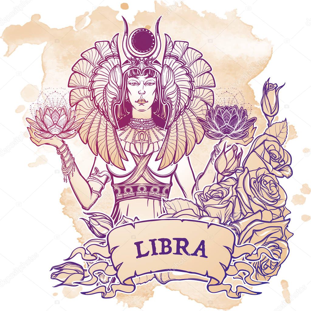 Ilustración del signo del zodíaco libra como una hermosa diosa egipcia ...