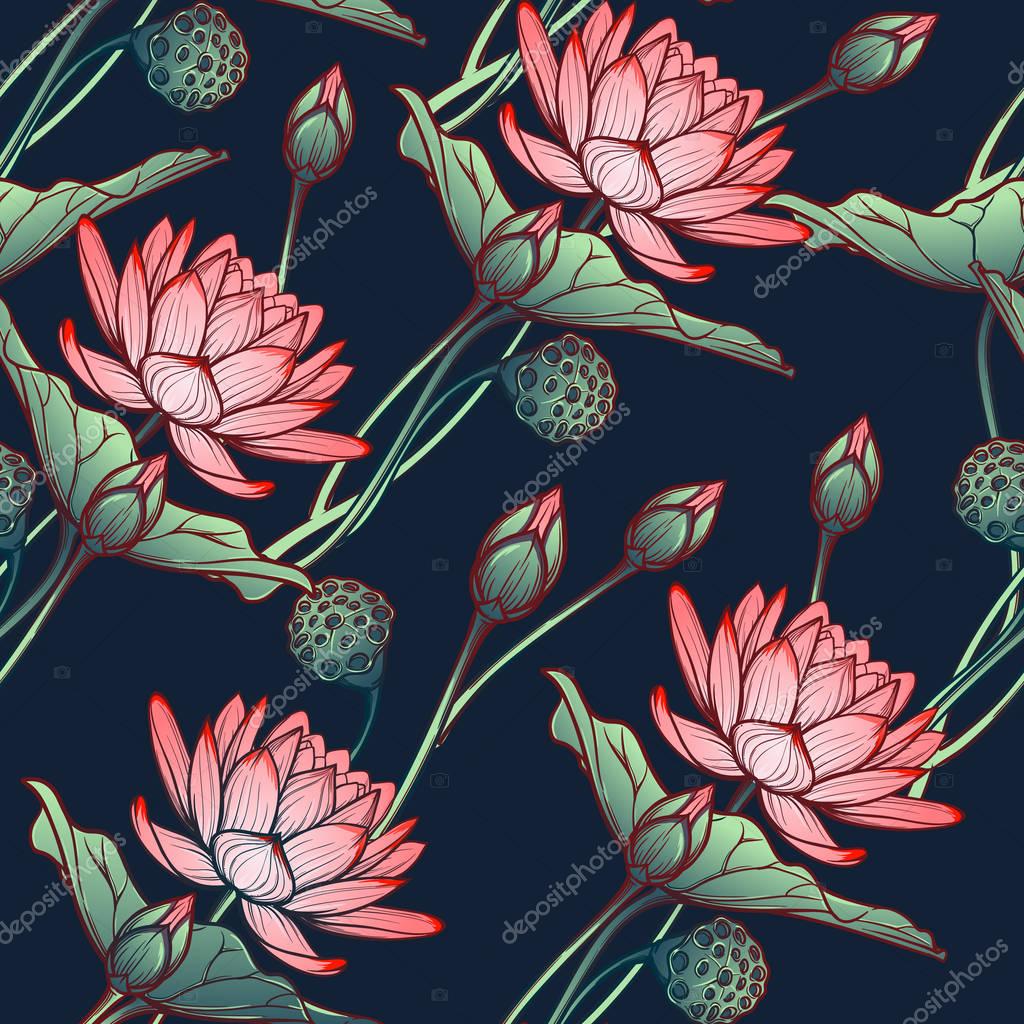 Fondo de loto. Patr n sin costura floral con lirios de agua aislados sobre fondo azul profundo. 2024