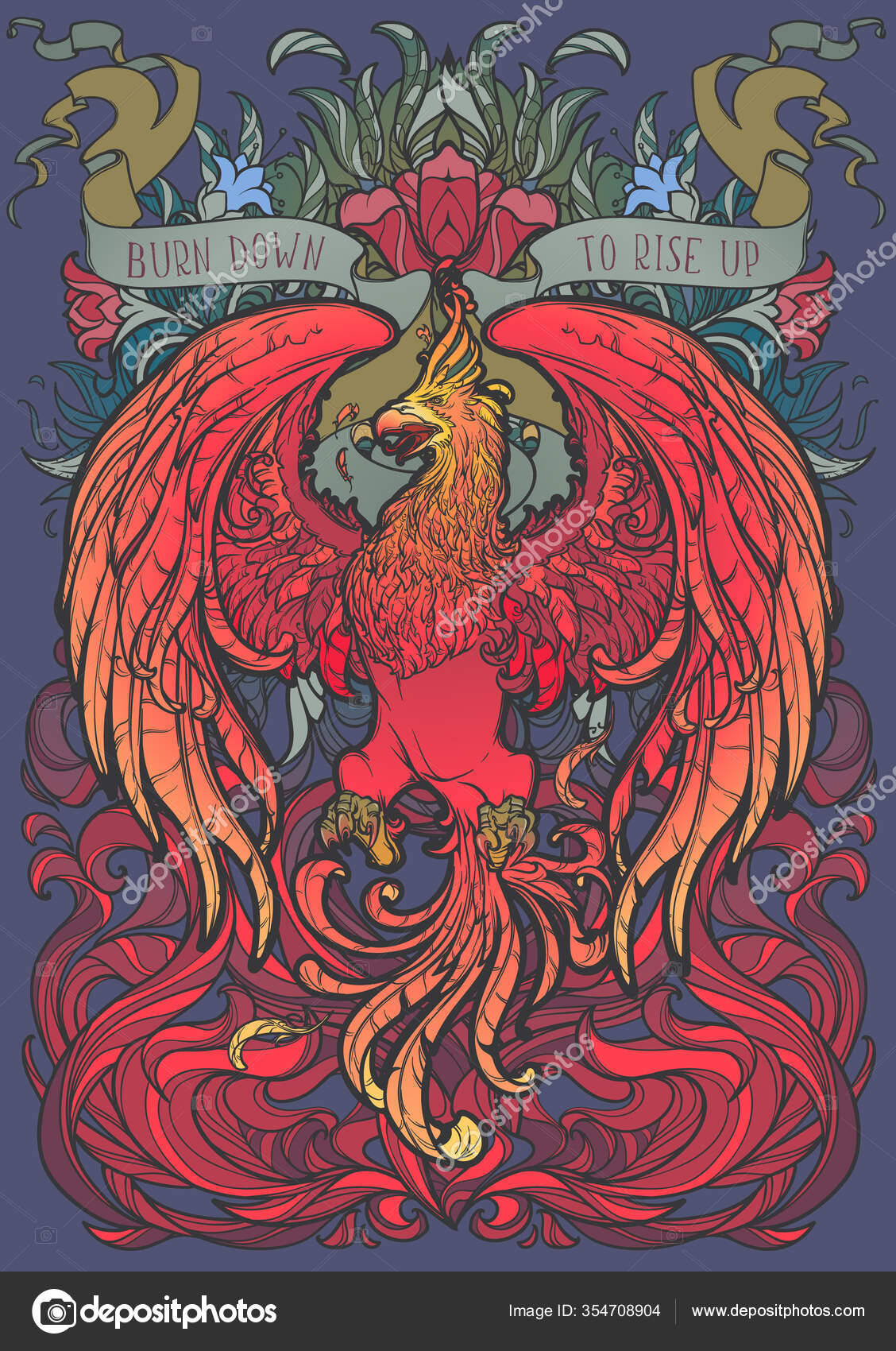 Colourfull and intricate drawing of hte legendary Phoenix bird on a ...