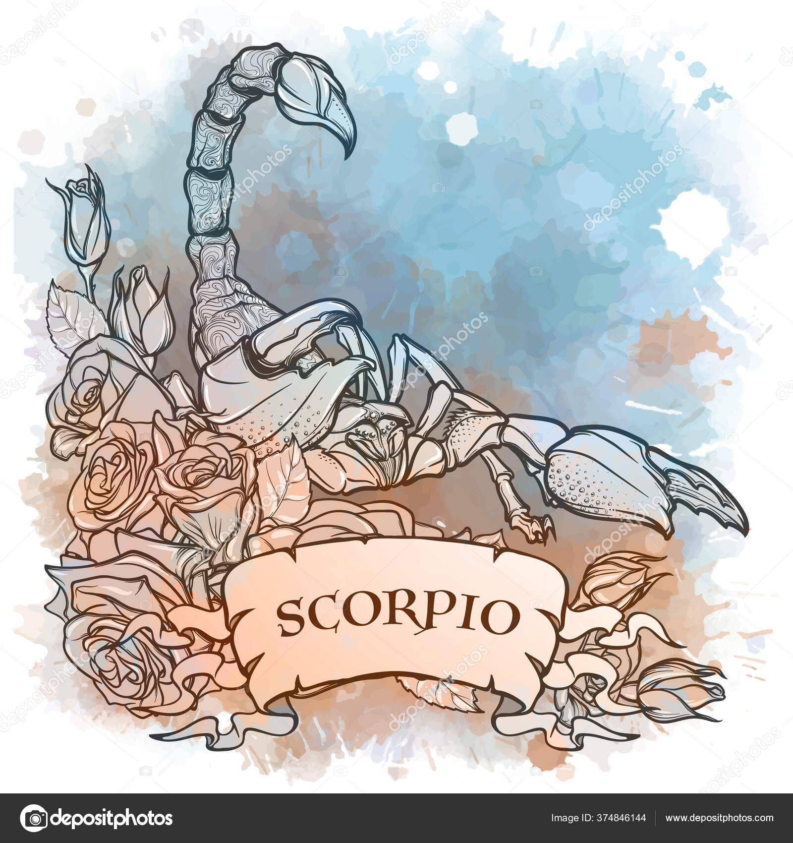 Signo zodiacal de Escorpio, elemento del Agua. Dibujo lineal intrincado ...