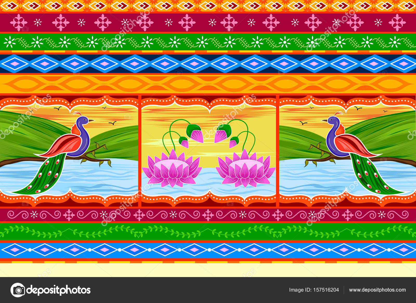 Floral Kitsch background in Indian Truck Art style — Stock Vector ...