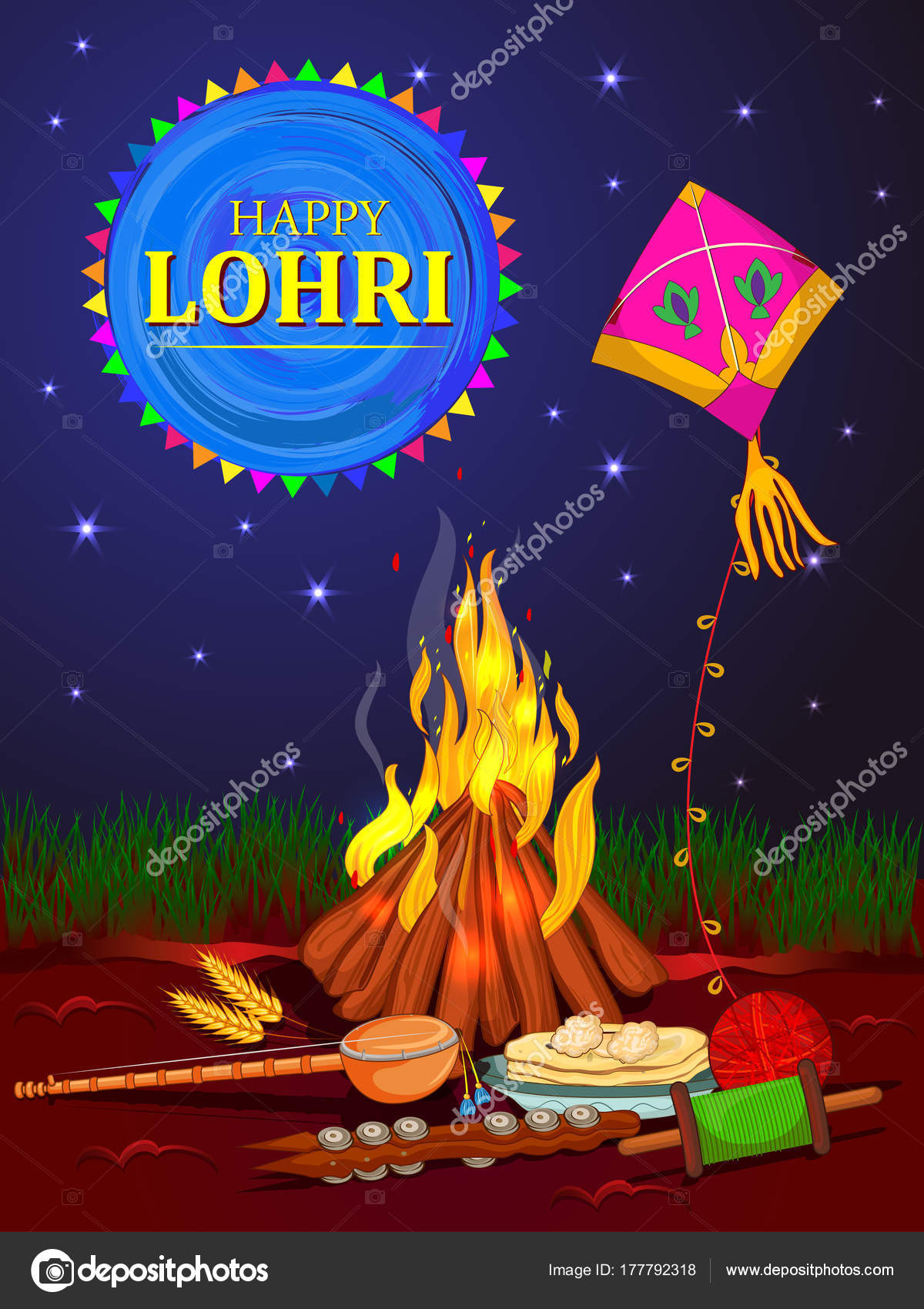 Harvest festival of Punjab, India Happy Lohri holiday background Stock ...