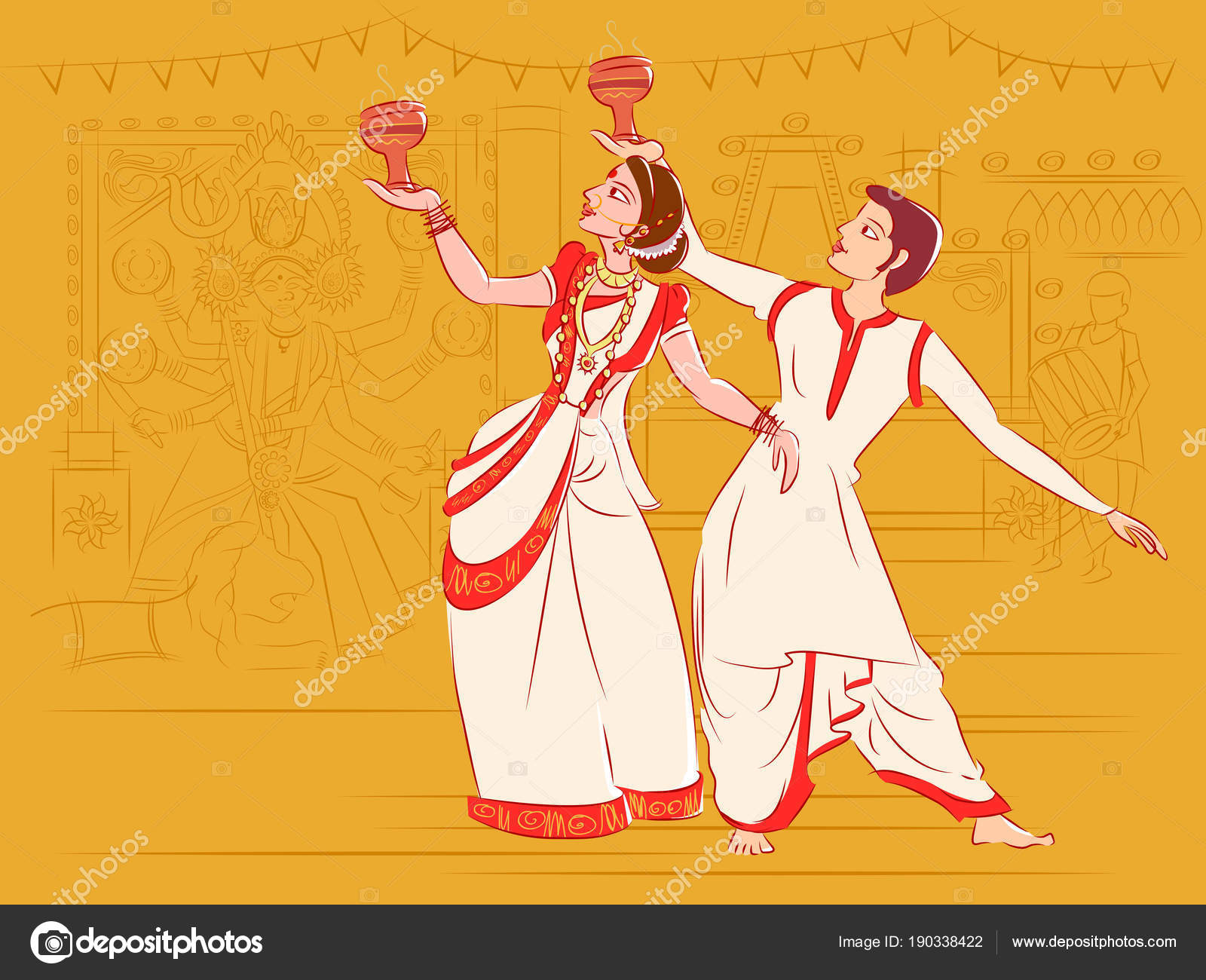 Couple performing Dhunuchi dance of Bengal, India Stock Vector by ...