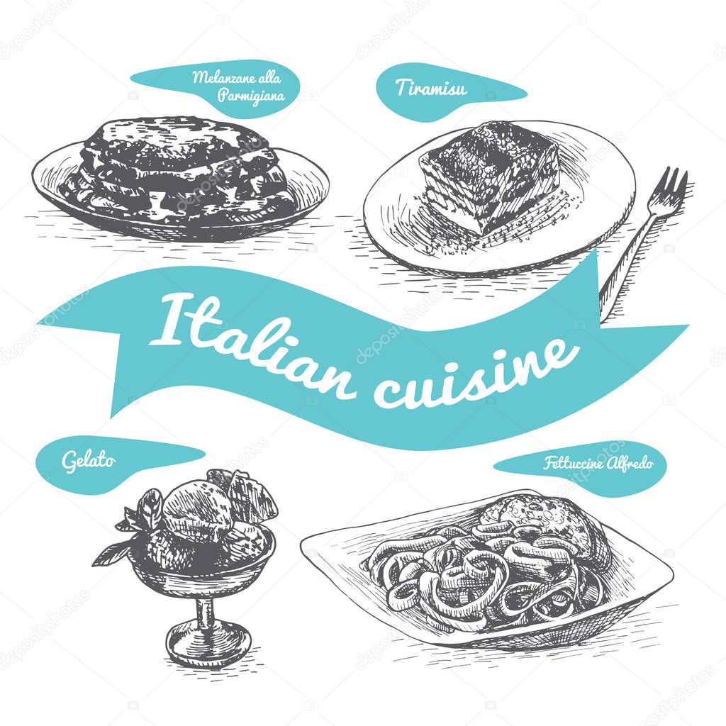 Ilustración vectorial monocromática de la cocina italiana. 2023 Ilustración vectorial monocromática de la cocina italiana. 2023