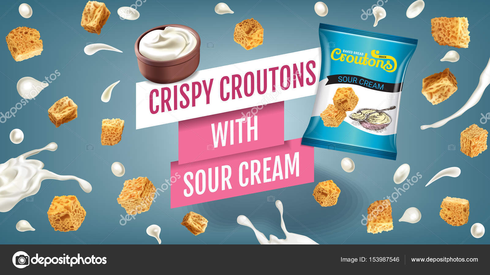 Vector realistic illustration of croutons with sour cream. Stock Vector ...