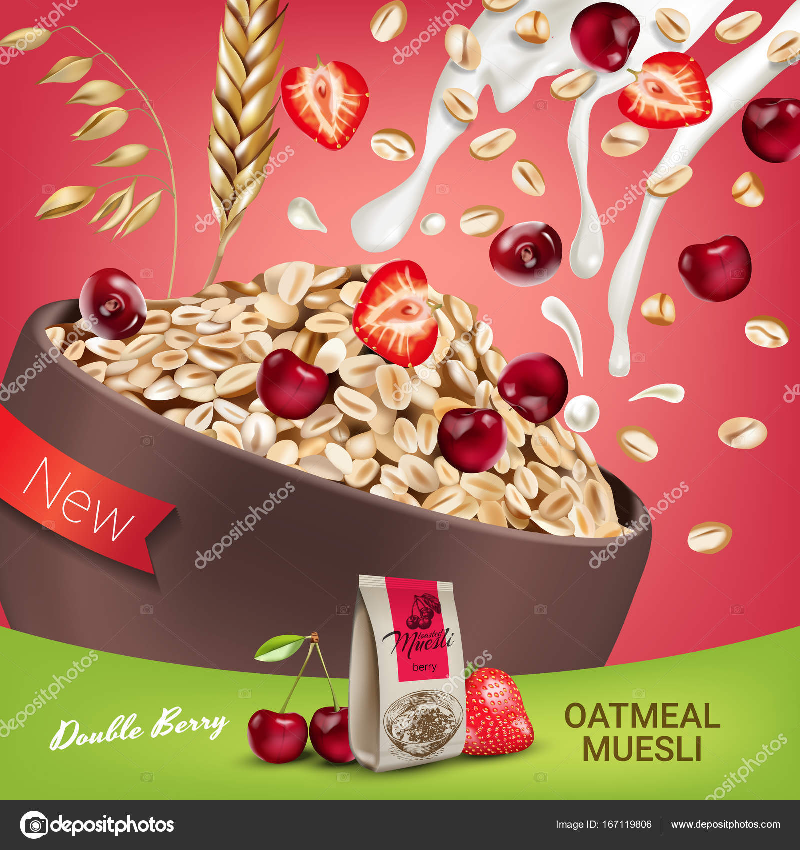 Oatmeal muesli ads. Vector realistic illustration of oatmeal muesli ...