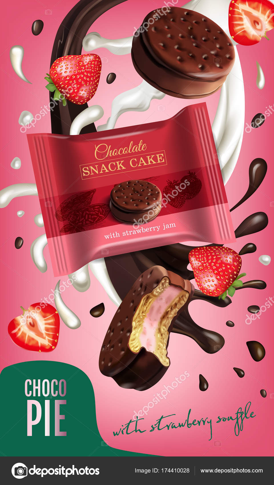 Vector realistic illustration of chocolate pie with milk and strawberry ...