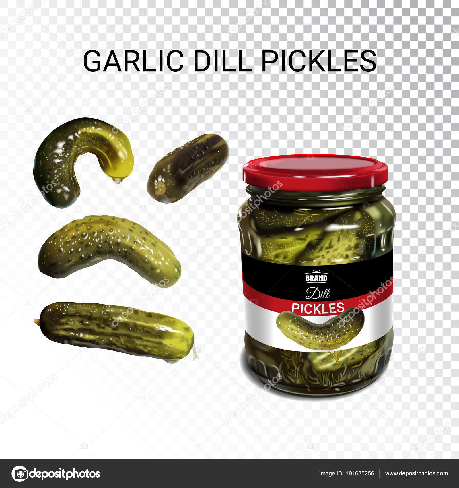 Vector realistic illustration of pickled cucumbers. Colorful objects on ...