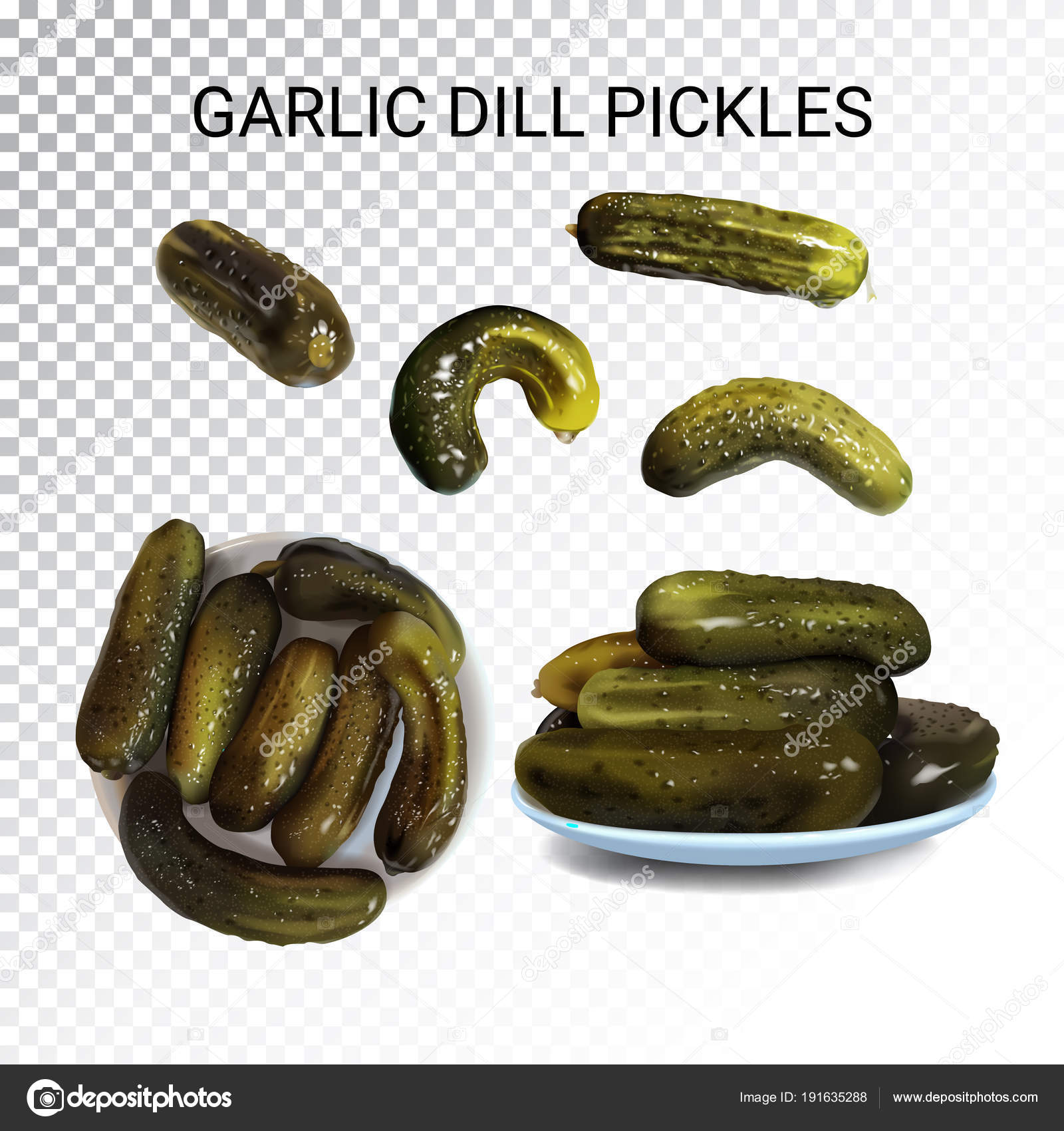 Vector realistic illustration of pickled cucumbers. Colorful objects on ...