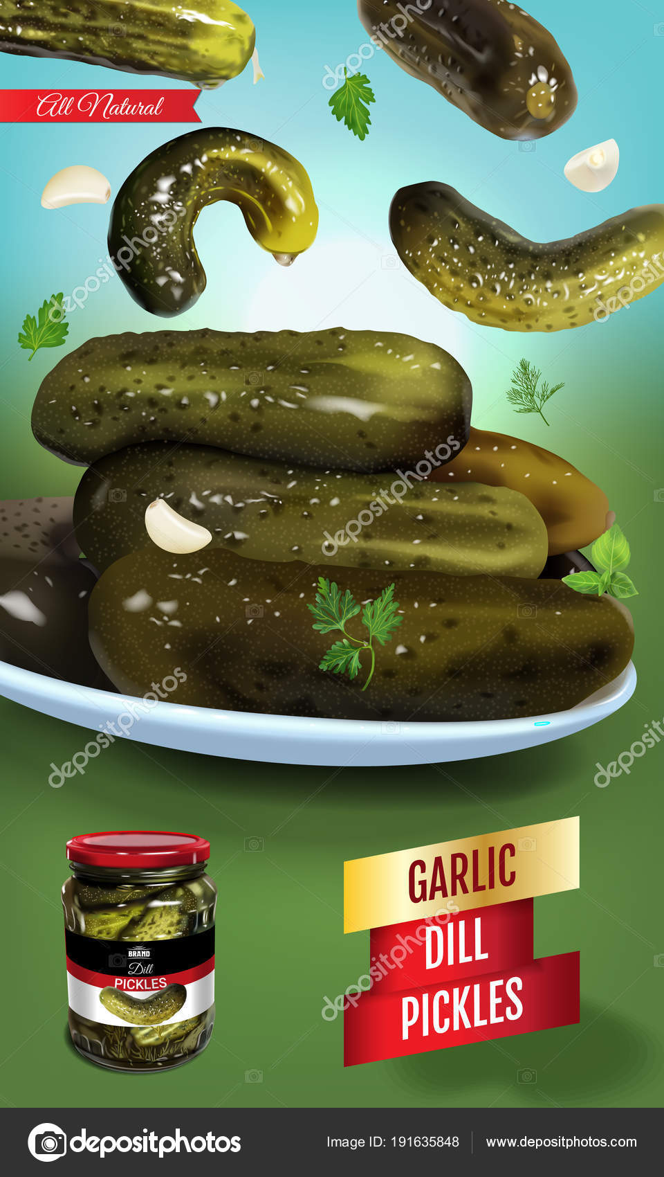 Vector realistic illustration of pickled cucumber. Vertical banner with ...