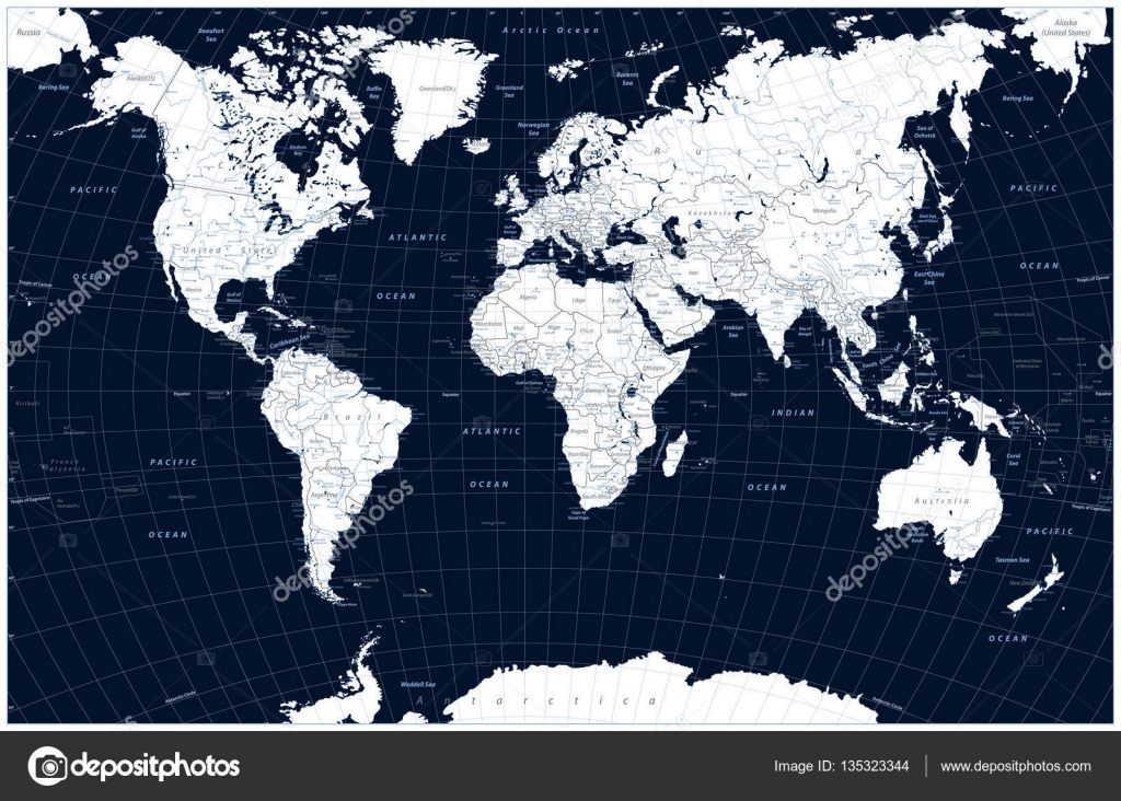Color azul oscuro Mapa del mundo y objetos de agua Vector de stock por ...