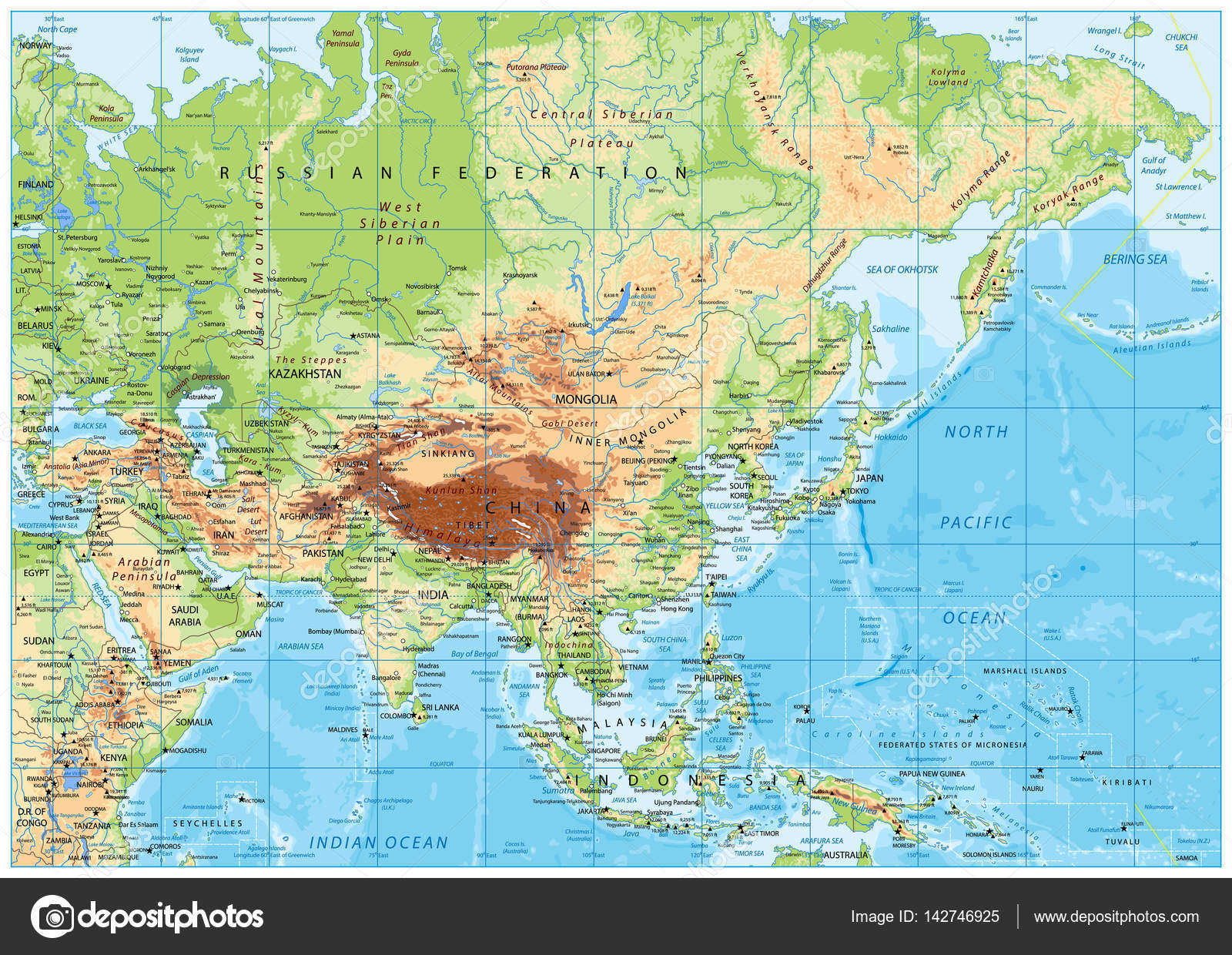 East Asia Physical Map Mountains