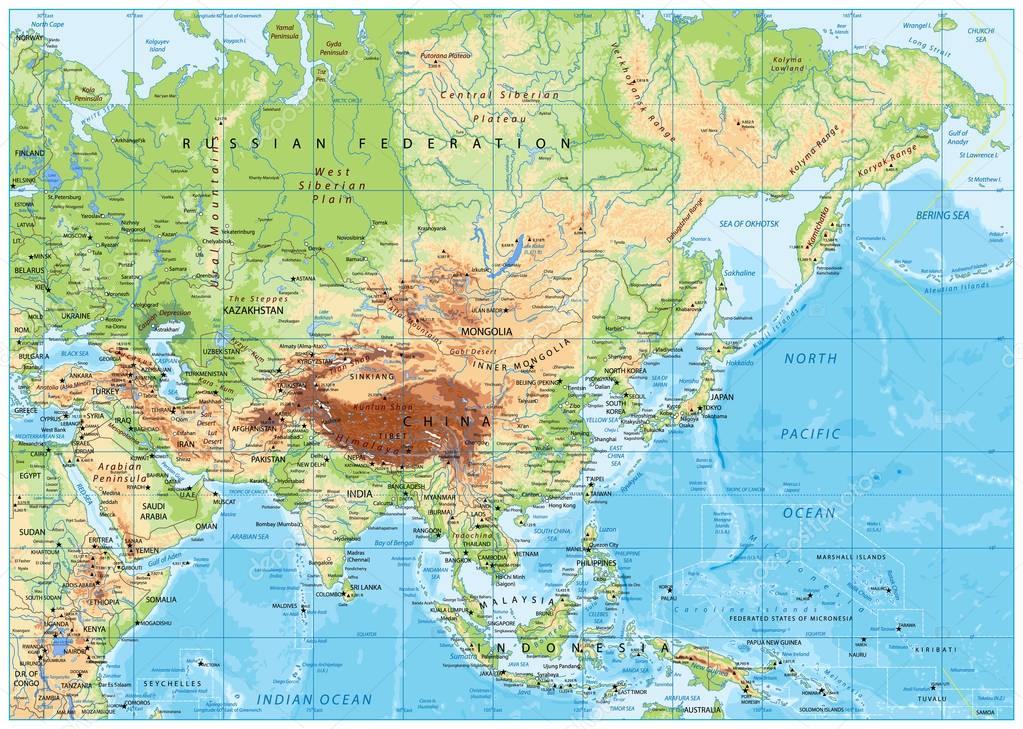 Mapa físico de Asia 2024
