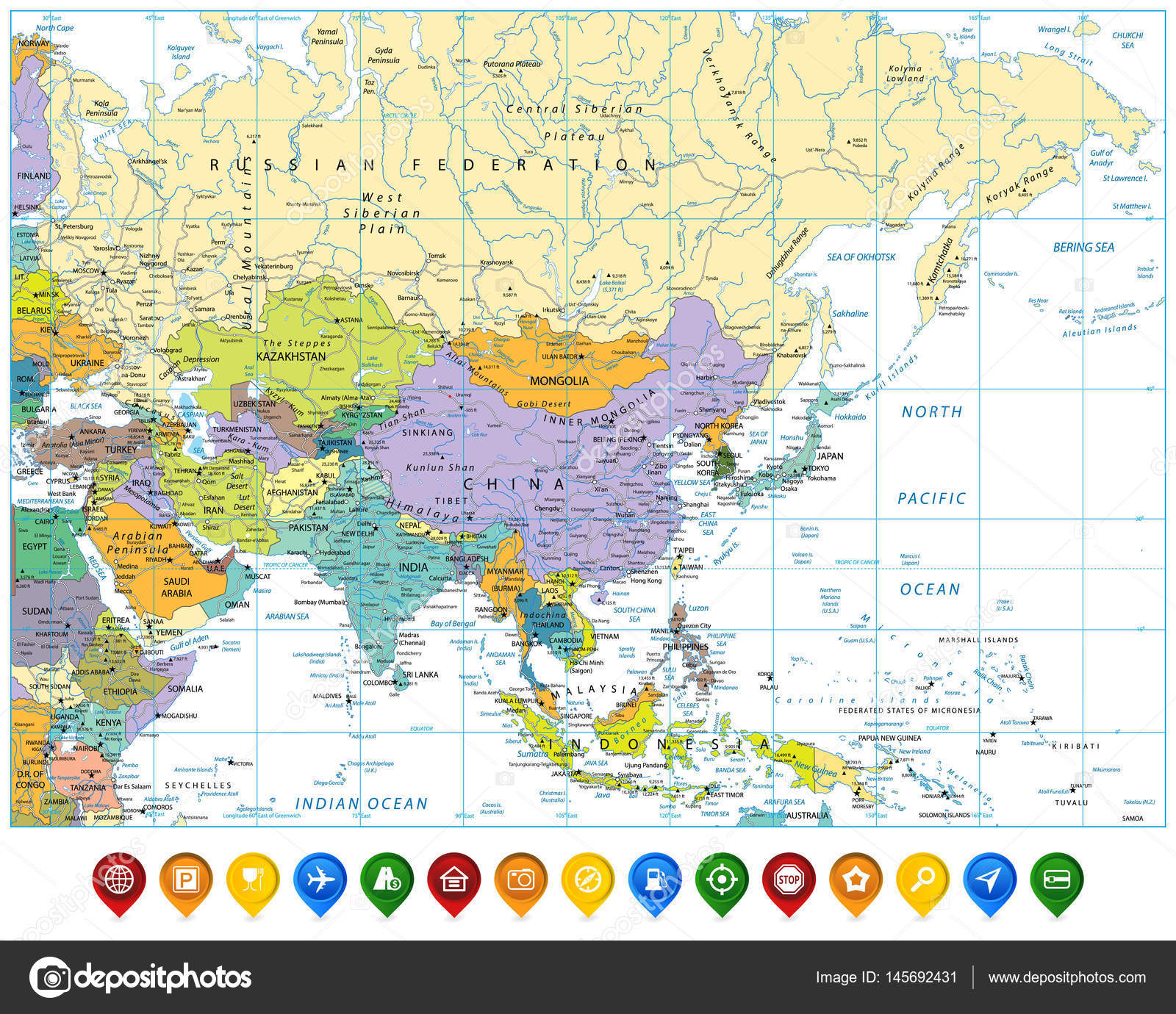 colored map of asia