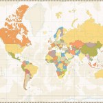 World Map old colors illustration: countries, cities, water objects ...