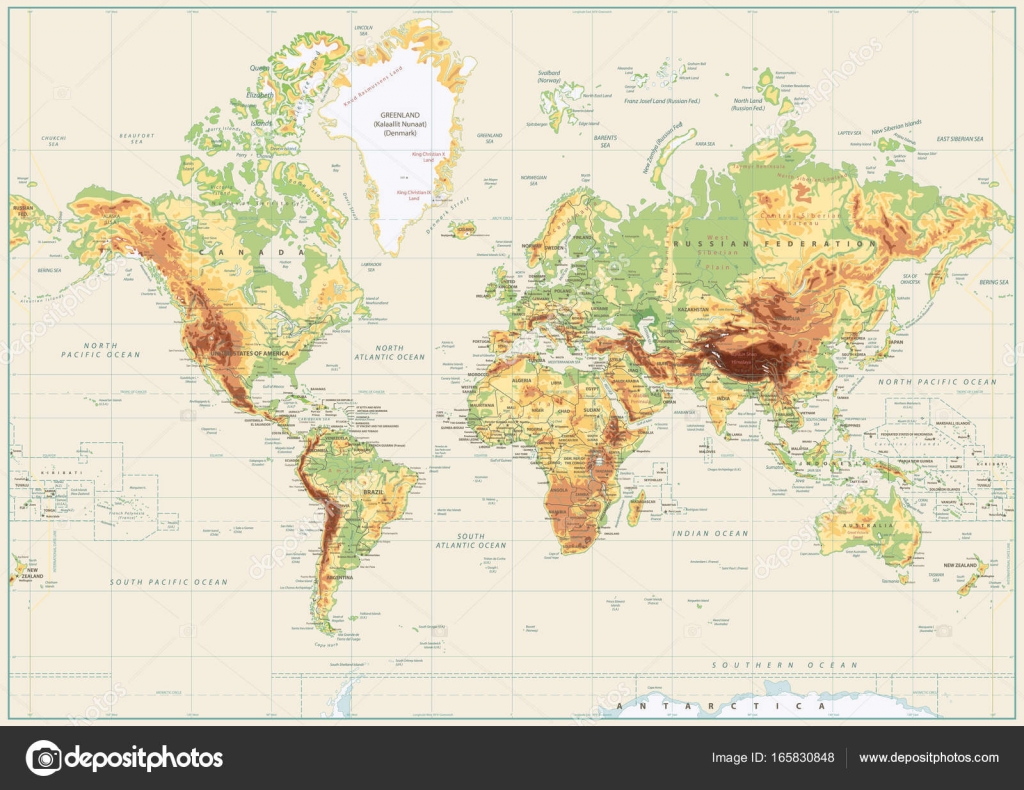 Detailed Physical World Map Isolated on Retro White Color Stock Vector ...
