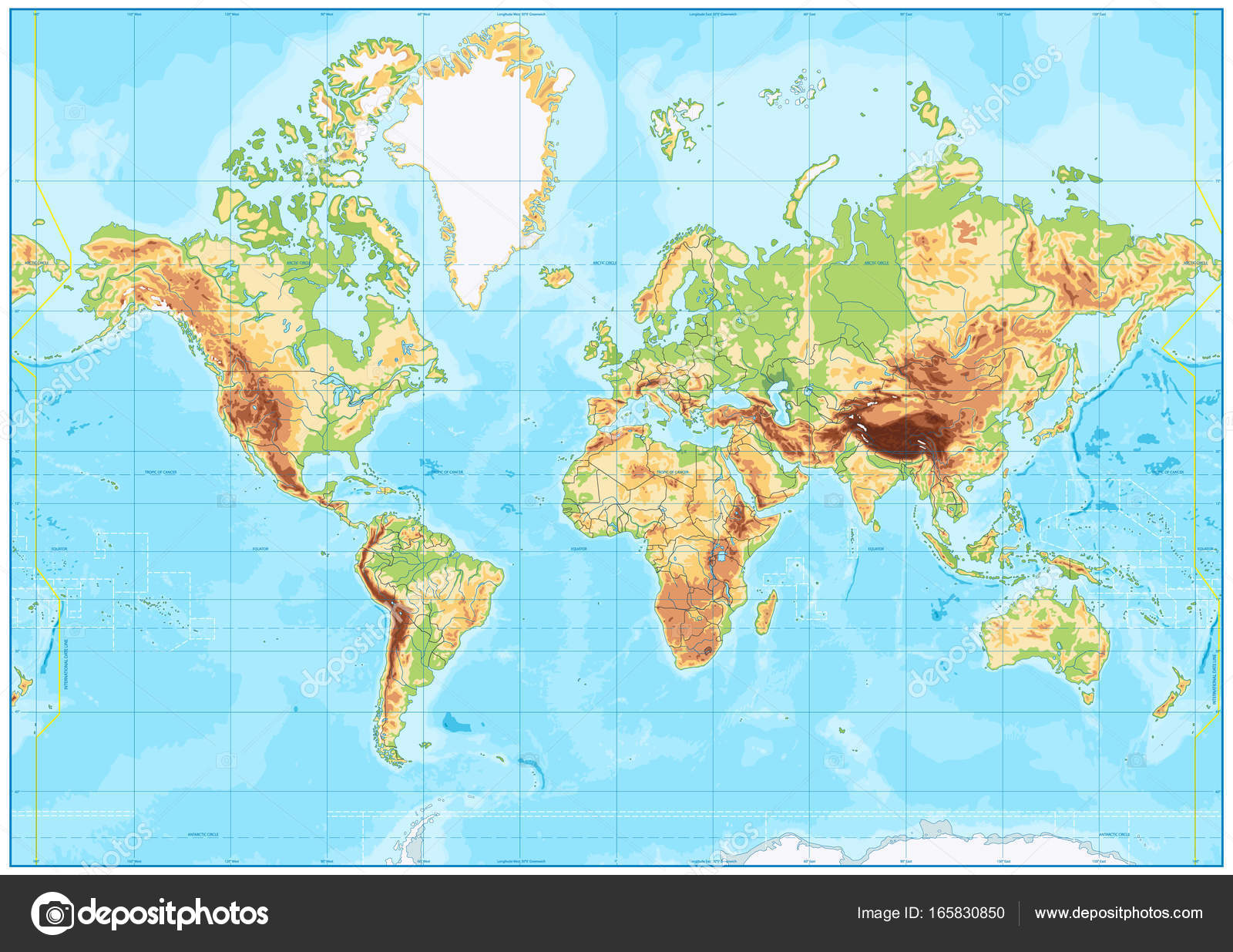 Leere physische Weltkarte und Bathymetrie Stock-Vektorbild von ...