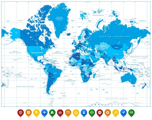 Colored political World Map with round flat icons and globes — Stock ...