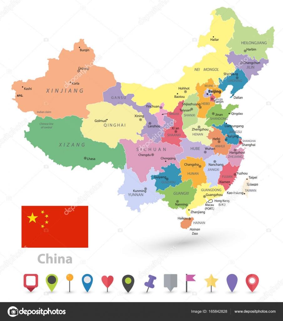 China Political Map Isolated on White and Flat Map Markers Stock Vector ...