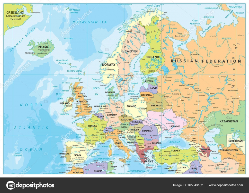 Polityczna mapa Europy i batymetria Stock Vector by ©Cartarium 165843182