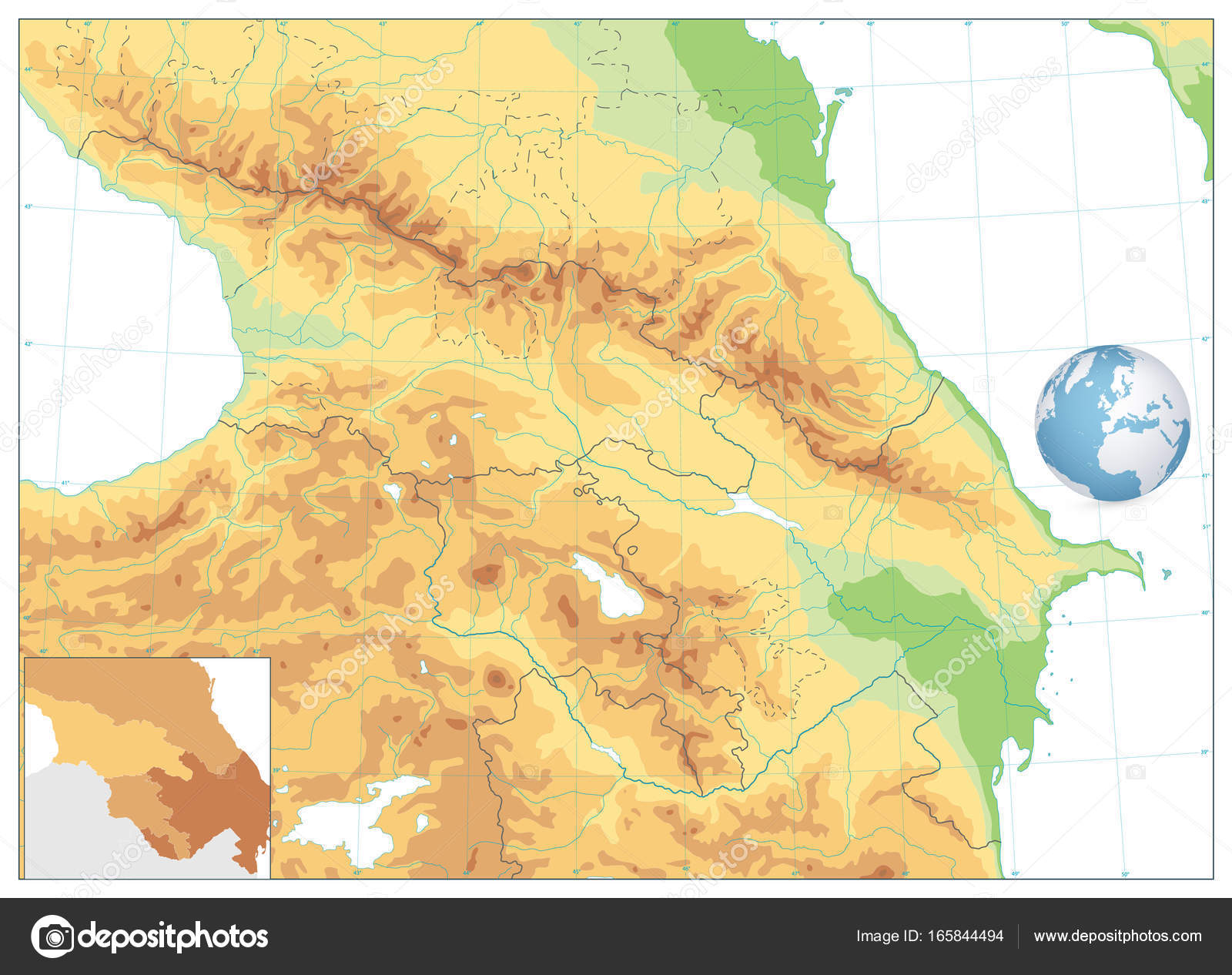 Mapa físico del Cáucaso Aislado en Blanco. No hay texto Vector de stock ...