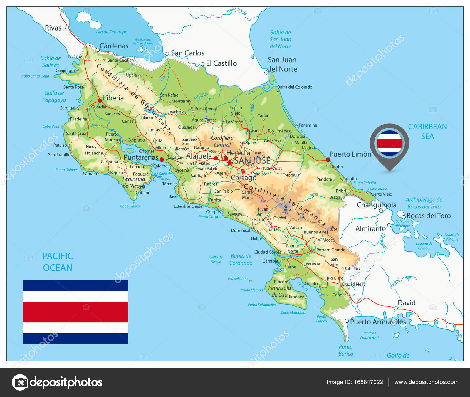Mapa físico de Costa Rica Vector de stock #165847022 de ©Cartarium