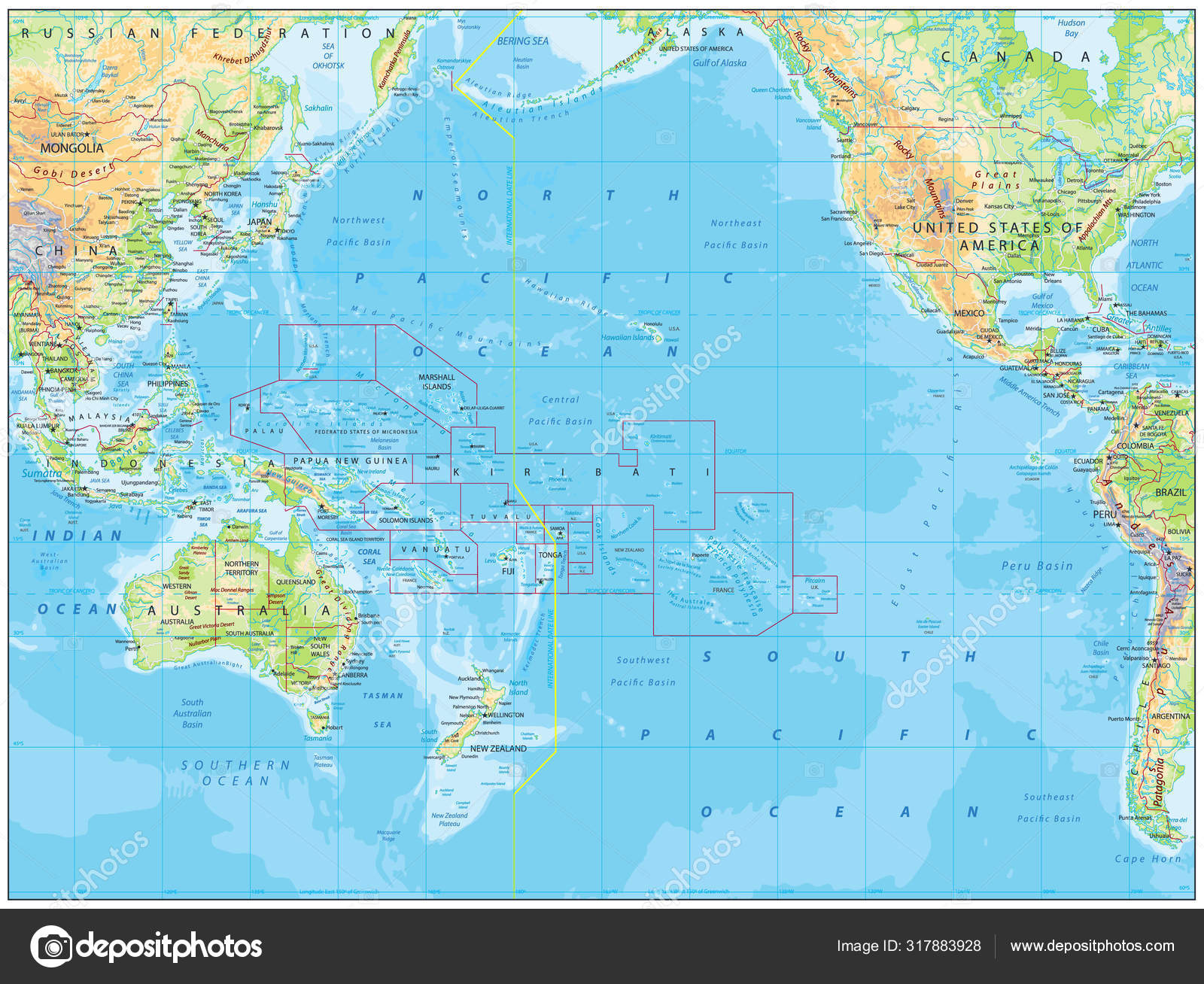 Fyzická mapa Tichého oceánu Stock Vektor od ©Cartarium 317883928