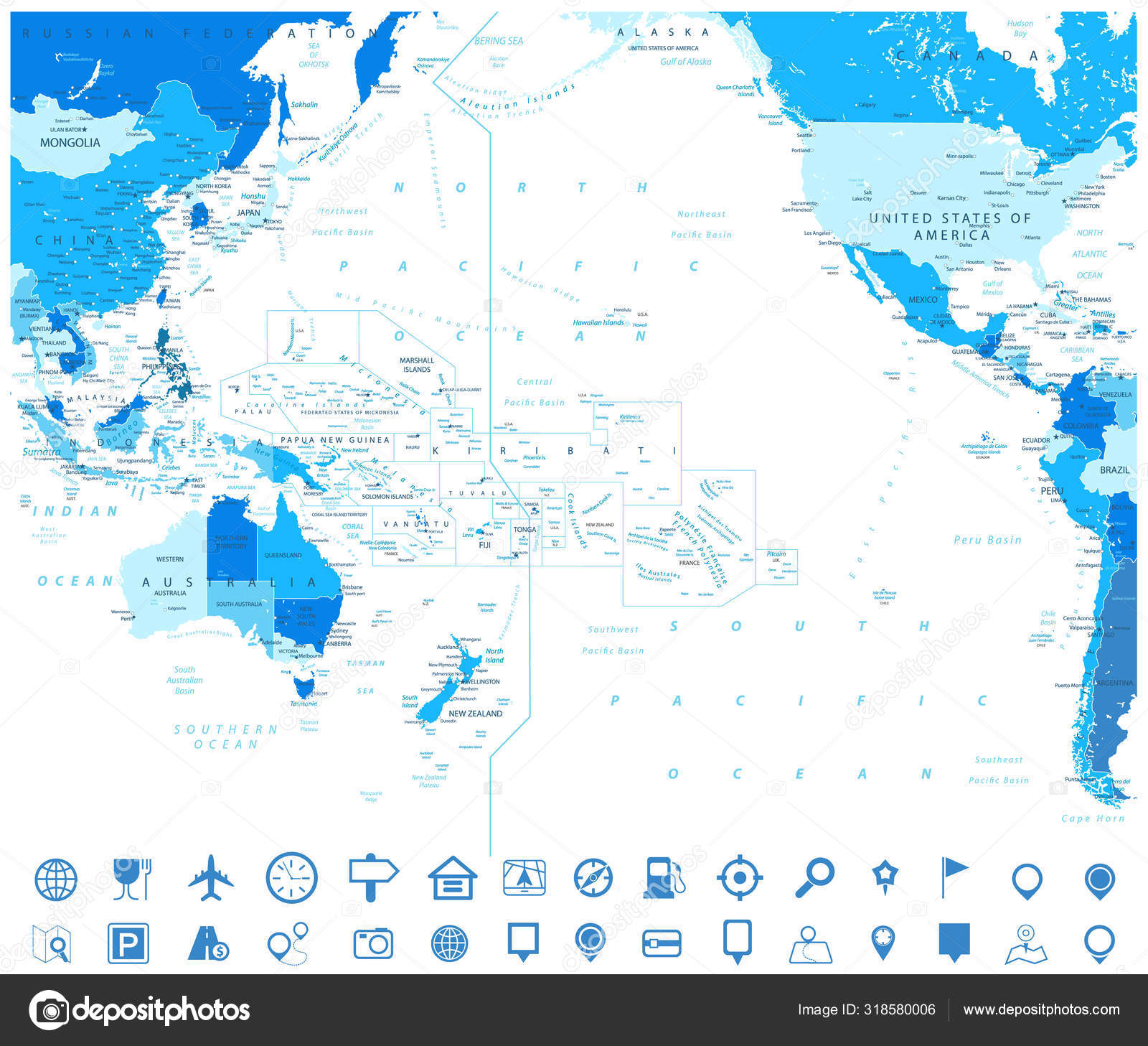 Mapa azul del Océano Pacífico y mapas de navegación Iconos Vector de ...
