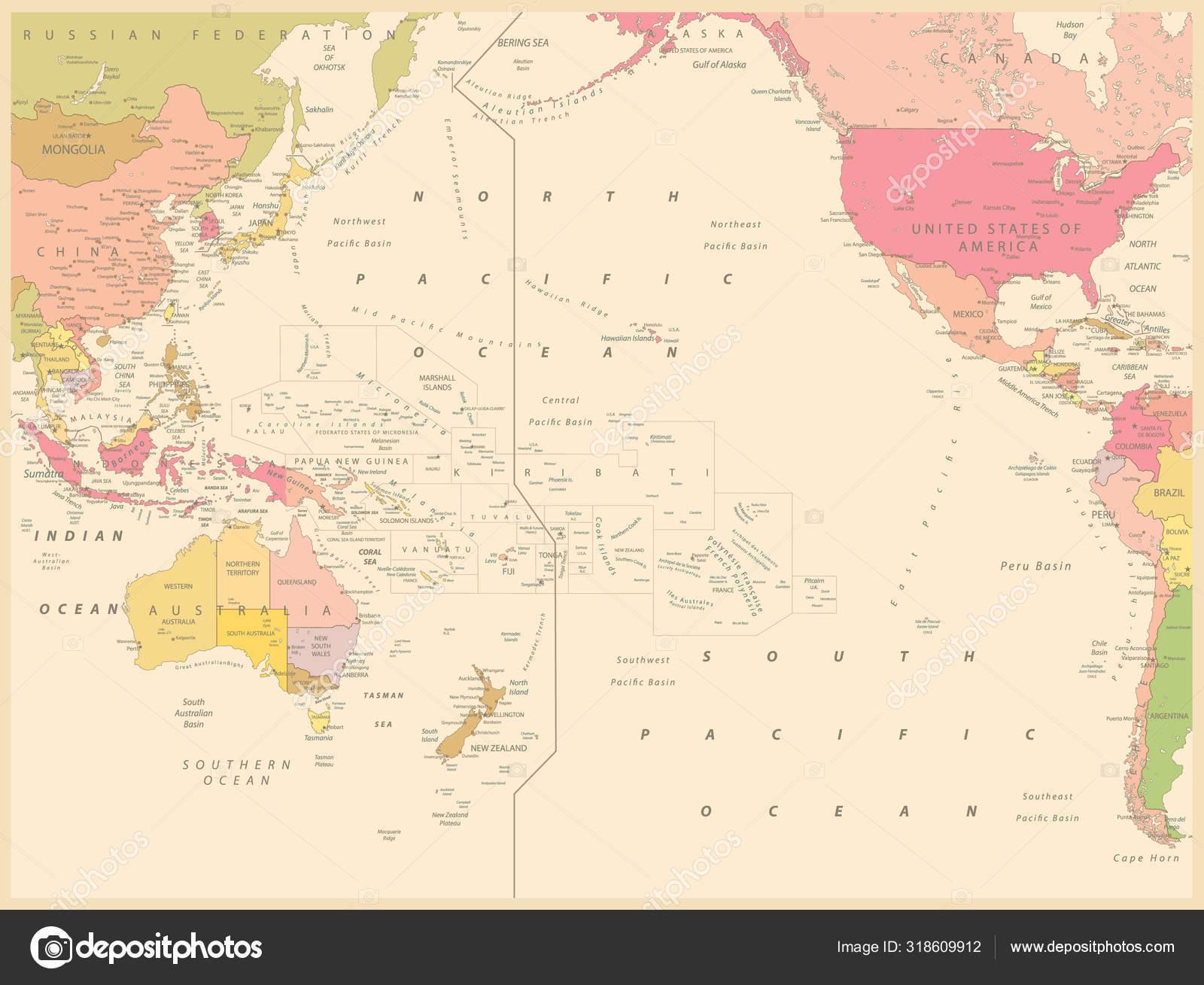 Pacific Ocean Political Map Vintage Color. On white Stock Vector by ...