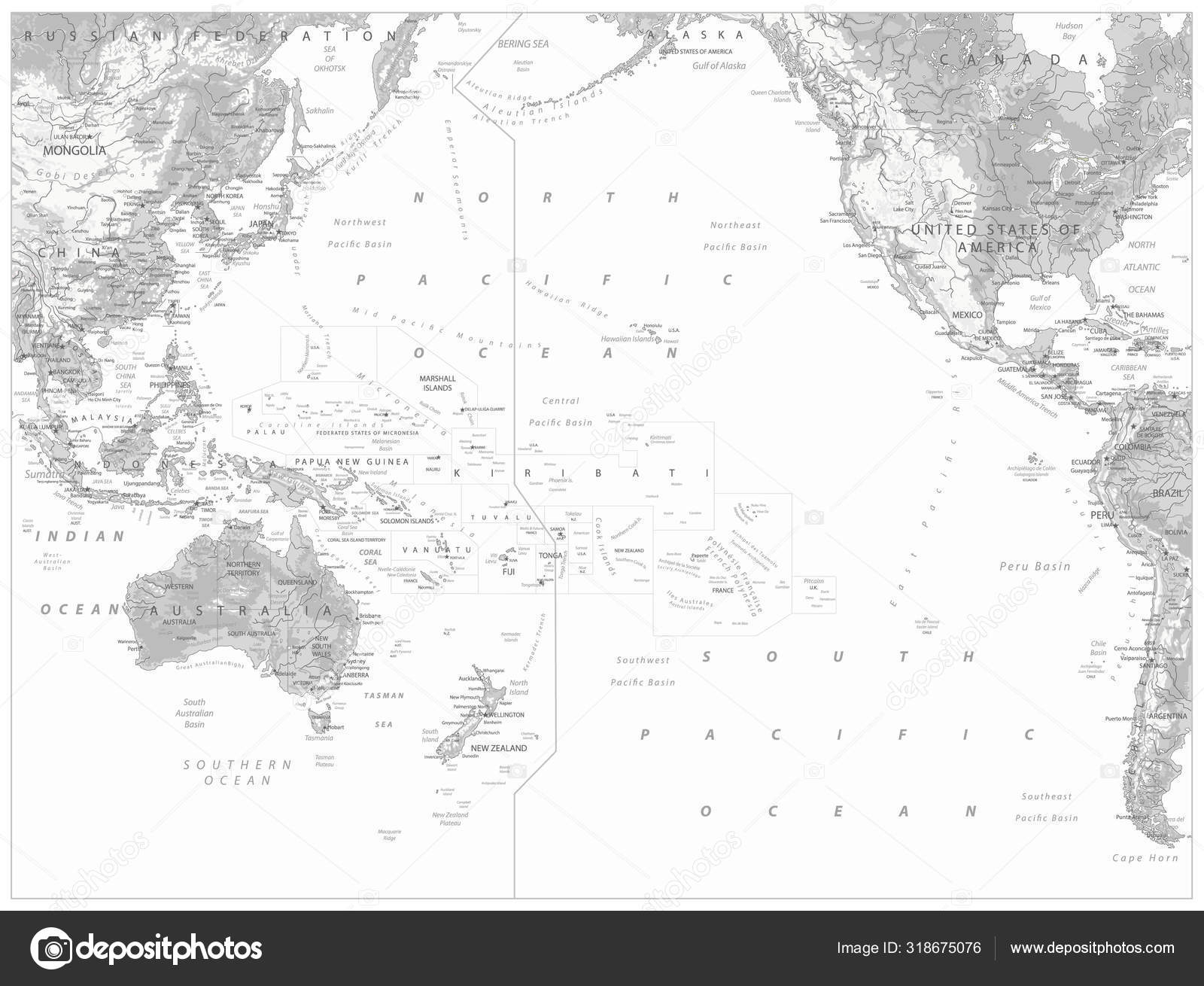 Pacific Ocean Physical Map White and Grey Stock Vector by ©Cartarium ...
