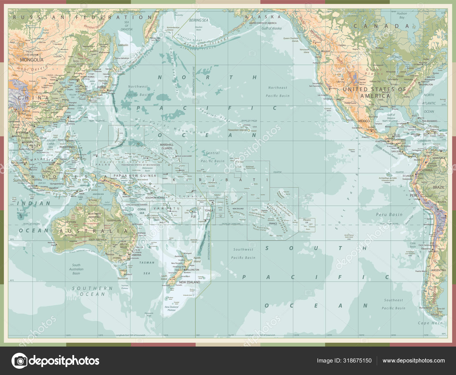 Océano Pacífico Mapa físico Colores antiguos Vector de stock #318675150 ...
