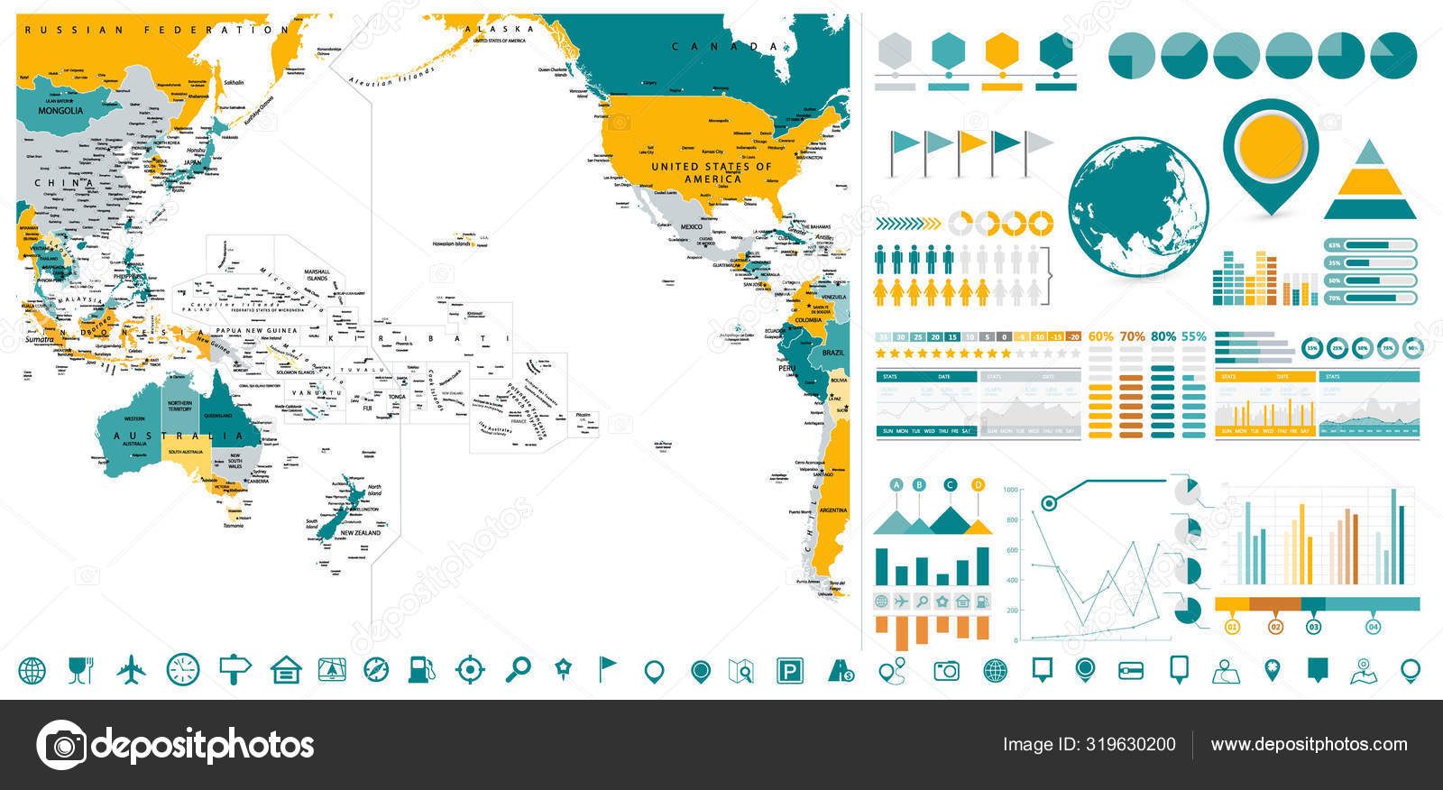 Pacific Ocean Map and Infographics design elements Stock Vector by ...