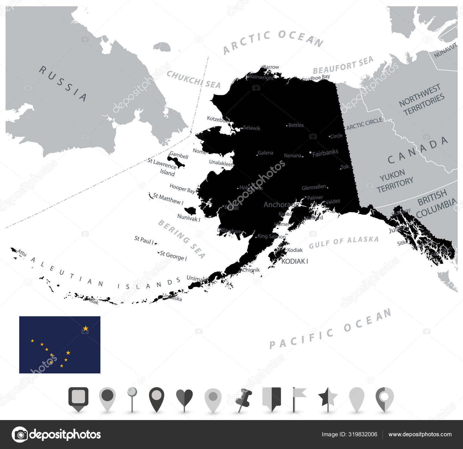 Black Color Alaska Map and Flat Map Icons — Stock Vector © Cartarium ...