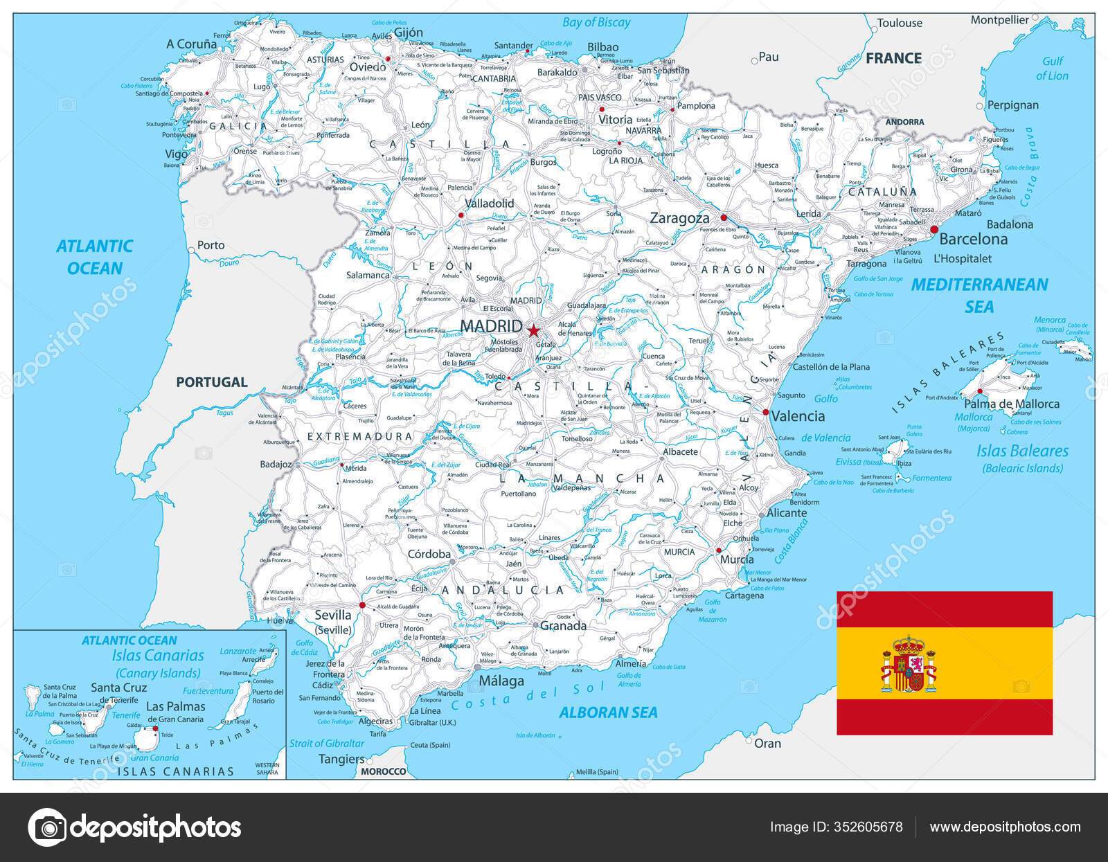 Spain Detail Map White Color All Elements Separated Editable Layers ...